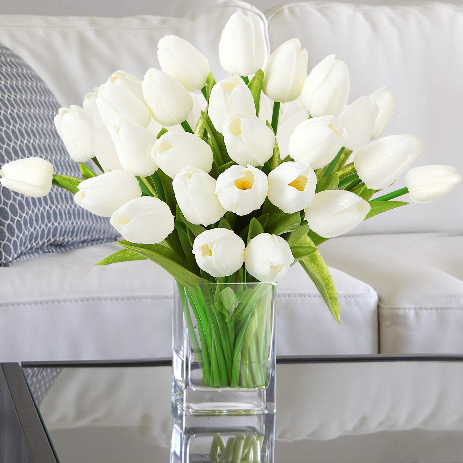 EZFLOWERY 10 Heads Artificial Tulips Flowers Real Touch Arrangement Bouquet for Home Room Office Party Wedding Decoration, Excellent Gift Idea for Mothers Day (10, White)