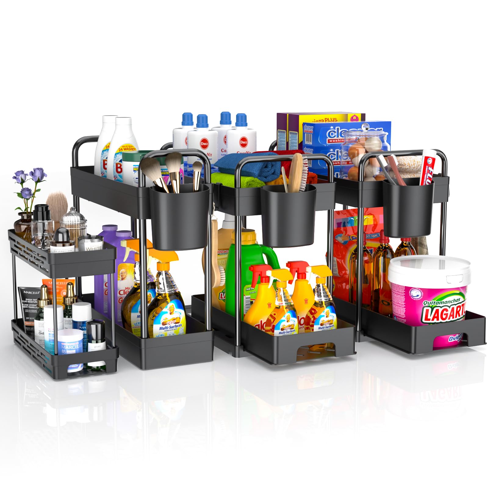 2 Pack Under Sink Organizer- 2 Stackable Rack Organizer Tier Bathroom Under the Sink Organizers Multi-Usage Kitchen Cabinet Organizers and Storage Bath Shelf Baskets w 4 Hanging Cup and 5 Hooks, Black