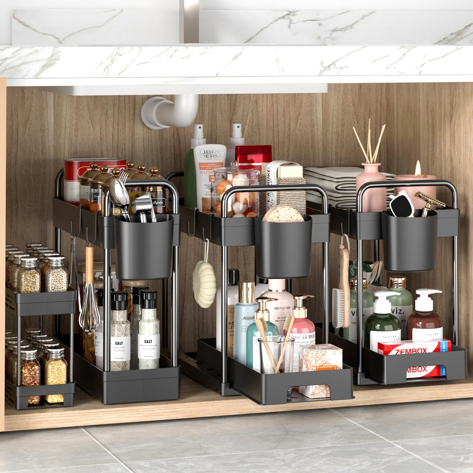 2 Pack Under Sink Organizer- 2 Stackable Rack Organizer Tier Bathroom Under the Sink Organizers Multi-Usage Kitchen Cabinet Organizers and Storage Bath Shelf Baskets w 4 Hanging Cup and 5 Hooks, Black