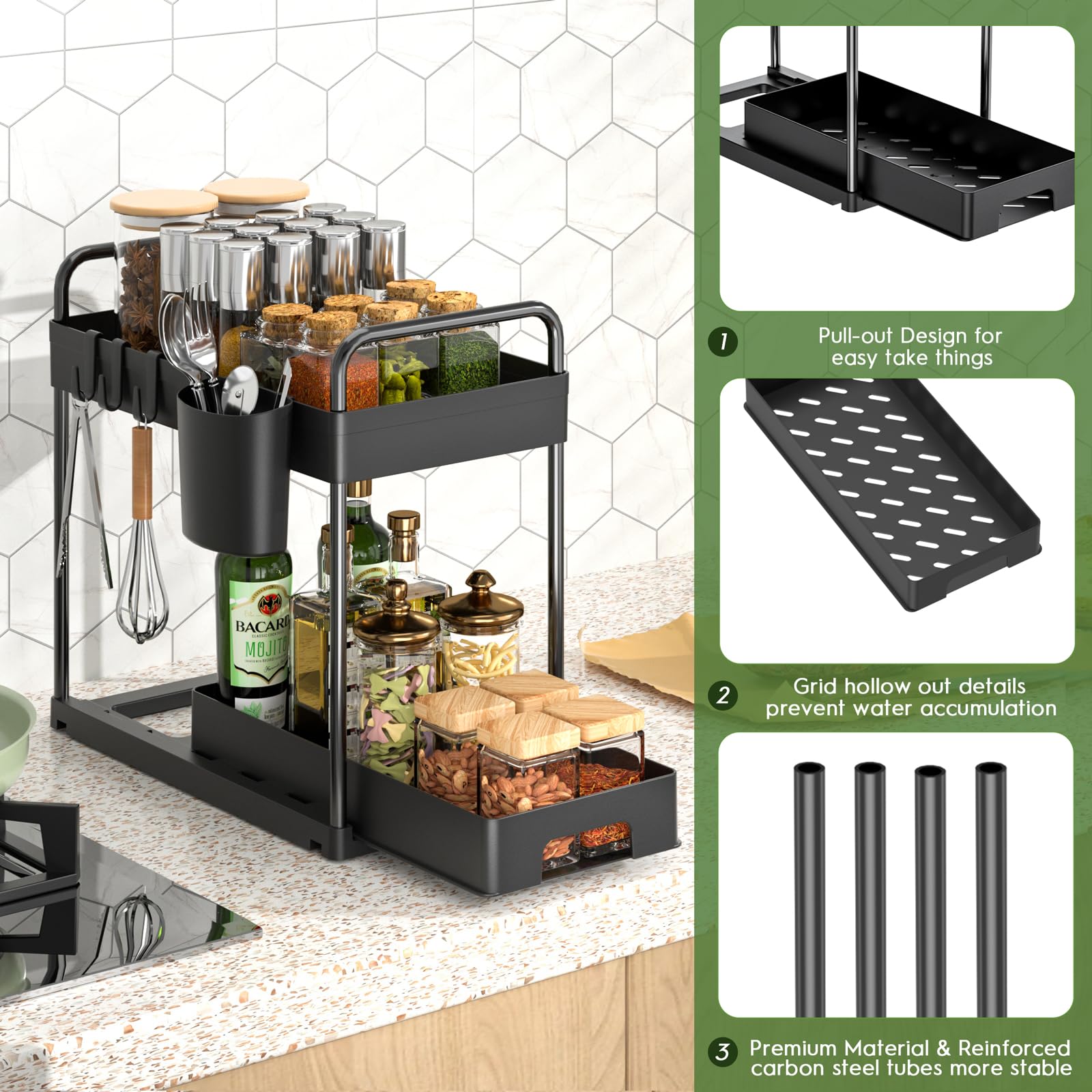 2 Pack Under Sink Organizer- 2 Stackable Rack Organizer Tier Bathroom Under the Sink Organizers Multi-Usage Kitchen Cabinet Organizers and Storage Bath Shelf Baskets w 4 Hanging Cup and 5 Hooks, Black