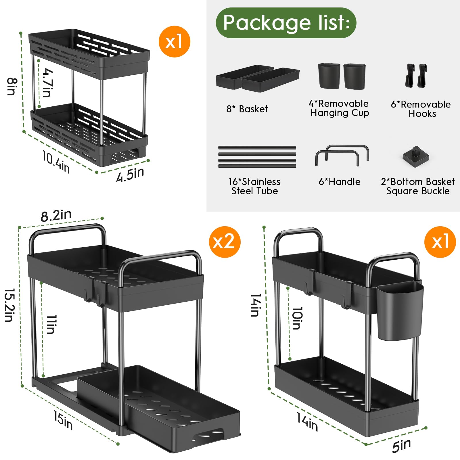 2 Pack Under Sink Organizer- 2 Stackable Rack Organizer Tier Bathroom Under the Sink Organizers Multi-Usage Kitchen Cabinet Organizers and Storage Bath Shelf Baskets w 4 Hanging Cup and 5 Hooks, Black