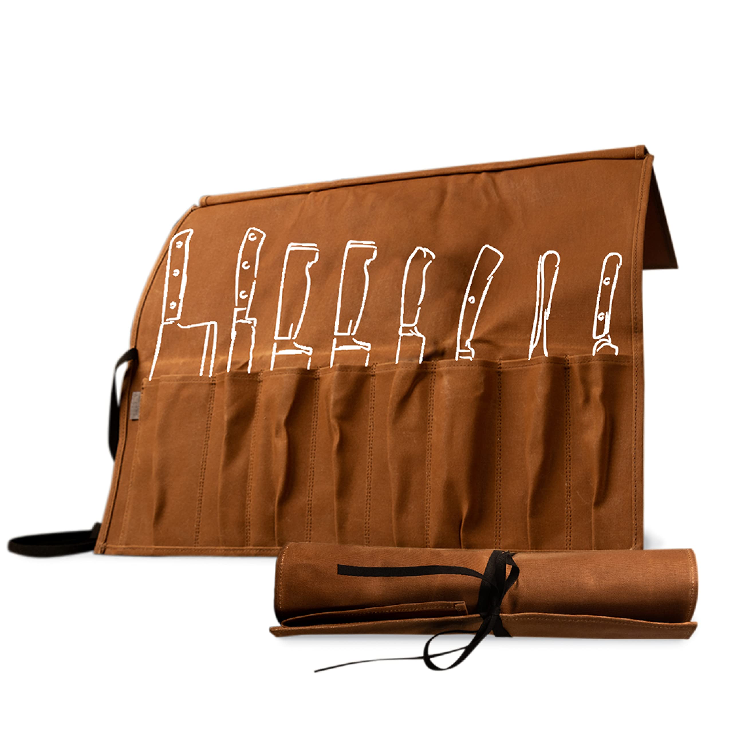 Hudson Durable Goods 8 Pocket Knife Roll - 22” W x 17” H Waxed Canvas Carrying Case for Kitchen Knives and Kitchen Tools - Heavy Duty, Portable Knife Storage Bag for Traveling - Tan Knife Pouch