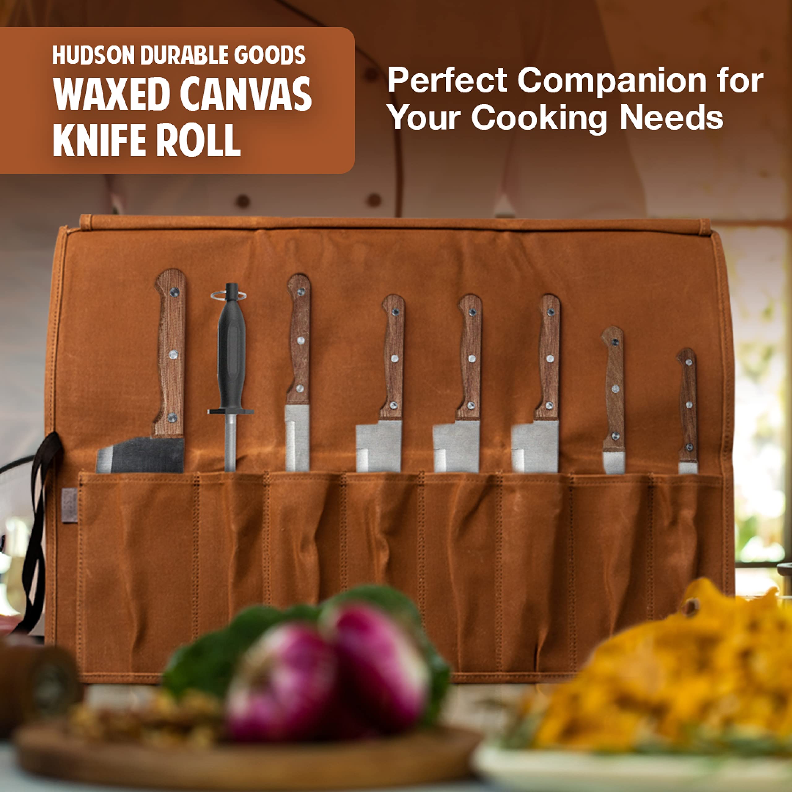 Hudson Durable Goods 8 Pocket Knife Roll - 22β W x 17β H Waxed Canvas Carrying Case for Kitchen Knives and Kitchen Tools - Heavy Duty, Portable Knife Storage Bag for Traveling - Tan Knife Pouch