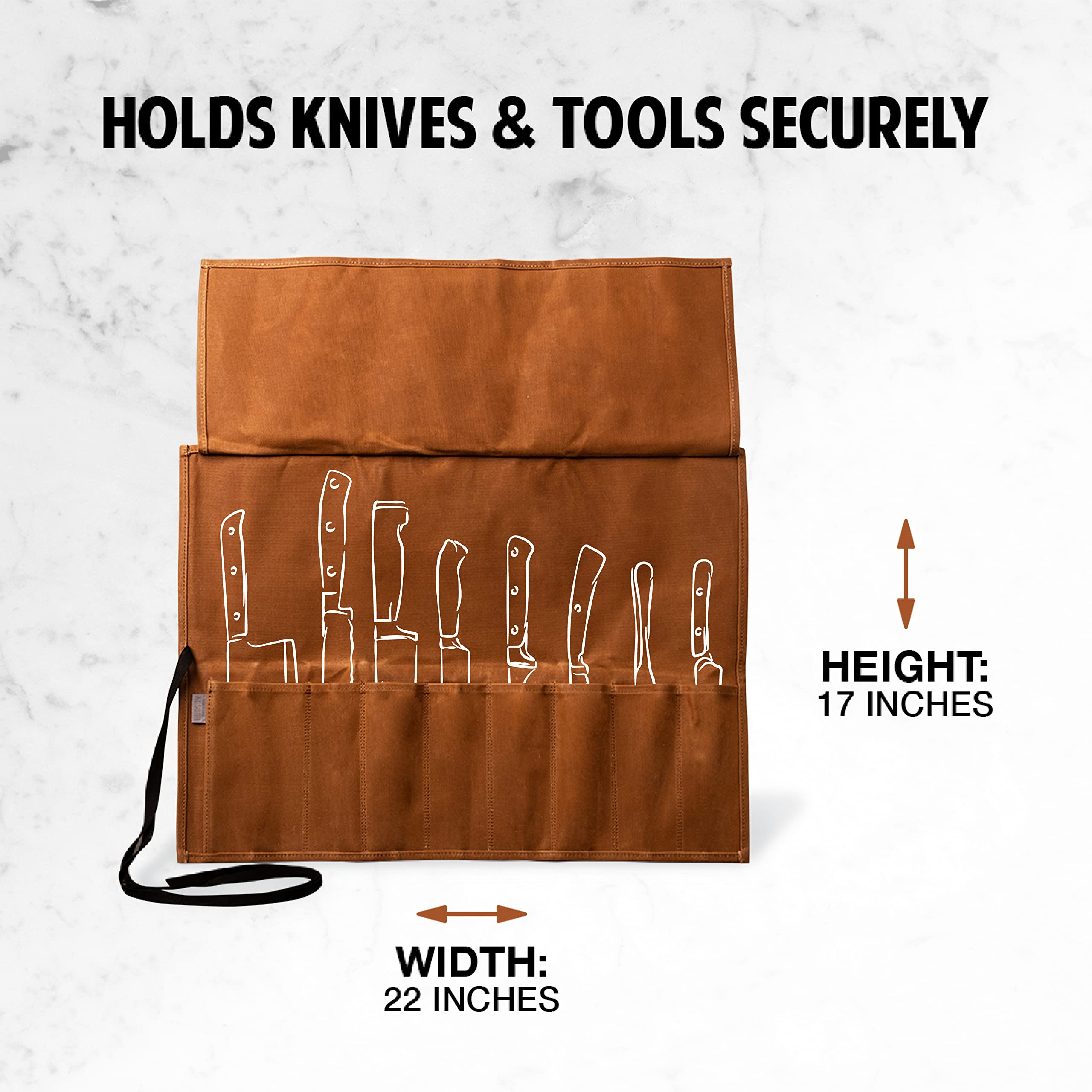 Hudson Durable Goods 8 Pocket Knife Roll - 22β W x 17β H Waxed Canvas Carrying Case for Kitchen Knives and Kitchen Tools - Heavy Duty, Portable Knife Storage Bag for Traveling - Tan Knife Pouch