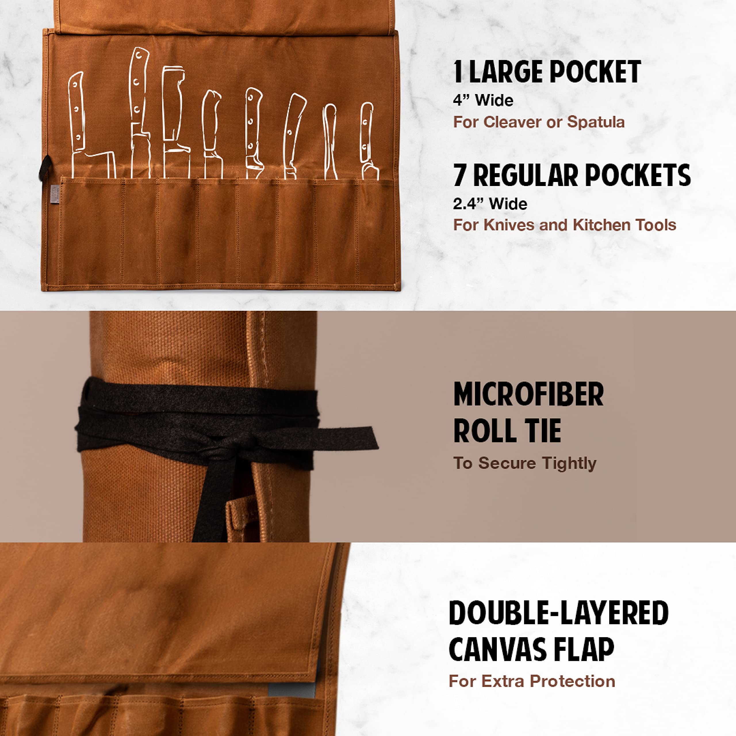 Hudson Durable Goods 8 Pocket Knife Roll - 22β W x 17β H Waxed Canvas Carrying Case for Kitchen Knives and Kitchen Tools - Heavy Duty, Portable Knife Storage Bag for Traveling - Tan Knife Pouch
