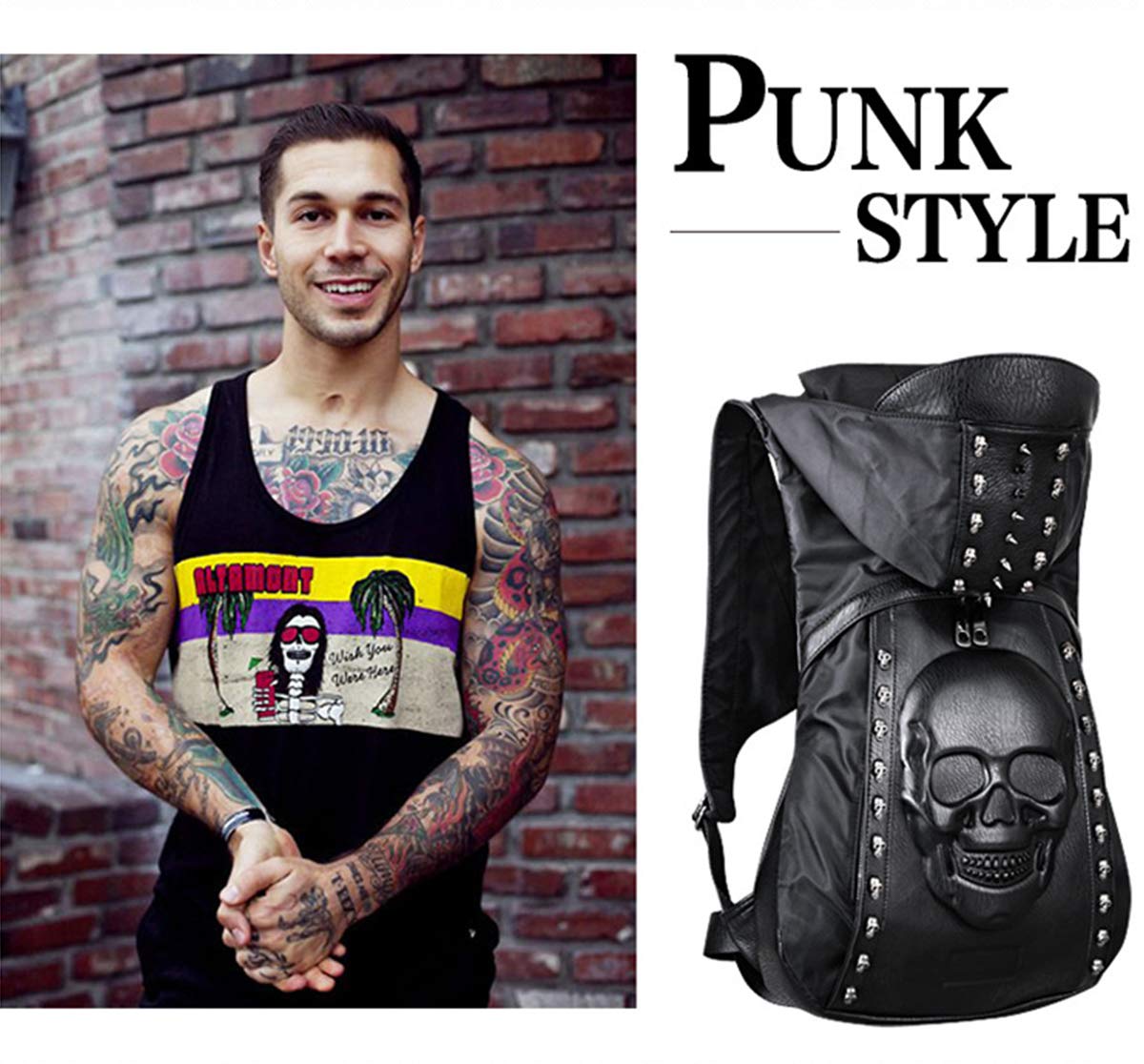 Chikencall Skull Backpack Hooded Skull Gothic Rucksack Rivet Studded Zipper Shoulder Purse Black Punk Metal 3D Stereo Daypack