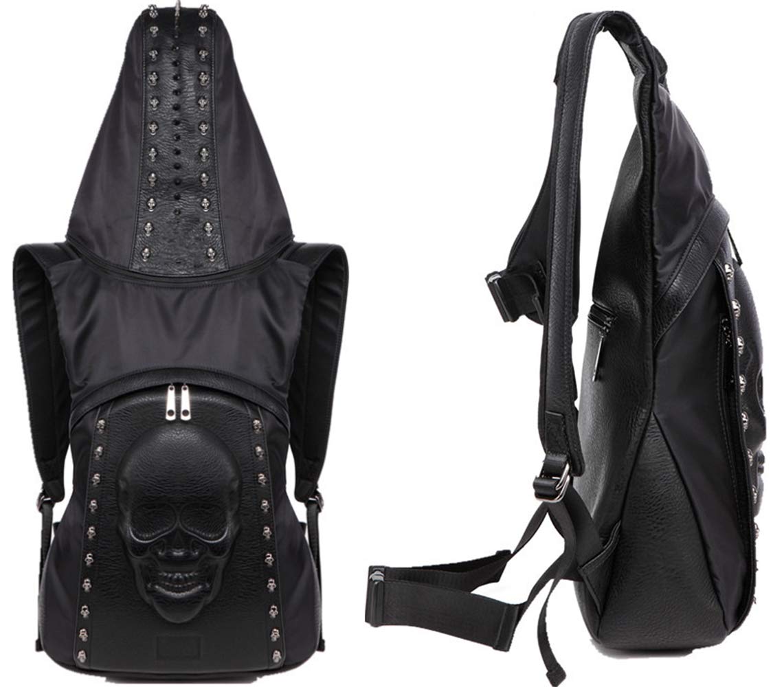 Chikencall Skull Backpack Hooded Skull Gothic Rucksack Rivet Studded Zipper Shoulder Purse Black Punk Metal 3D Stereo Daypack