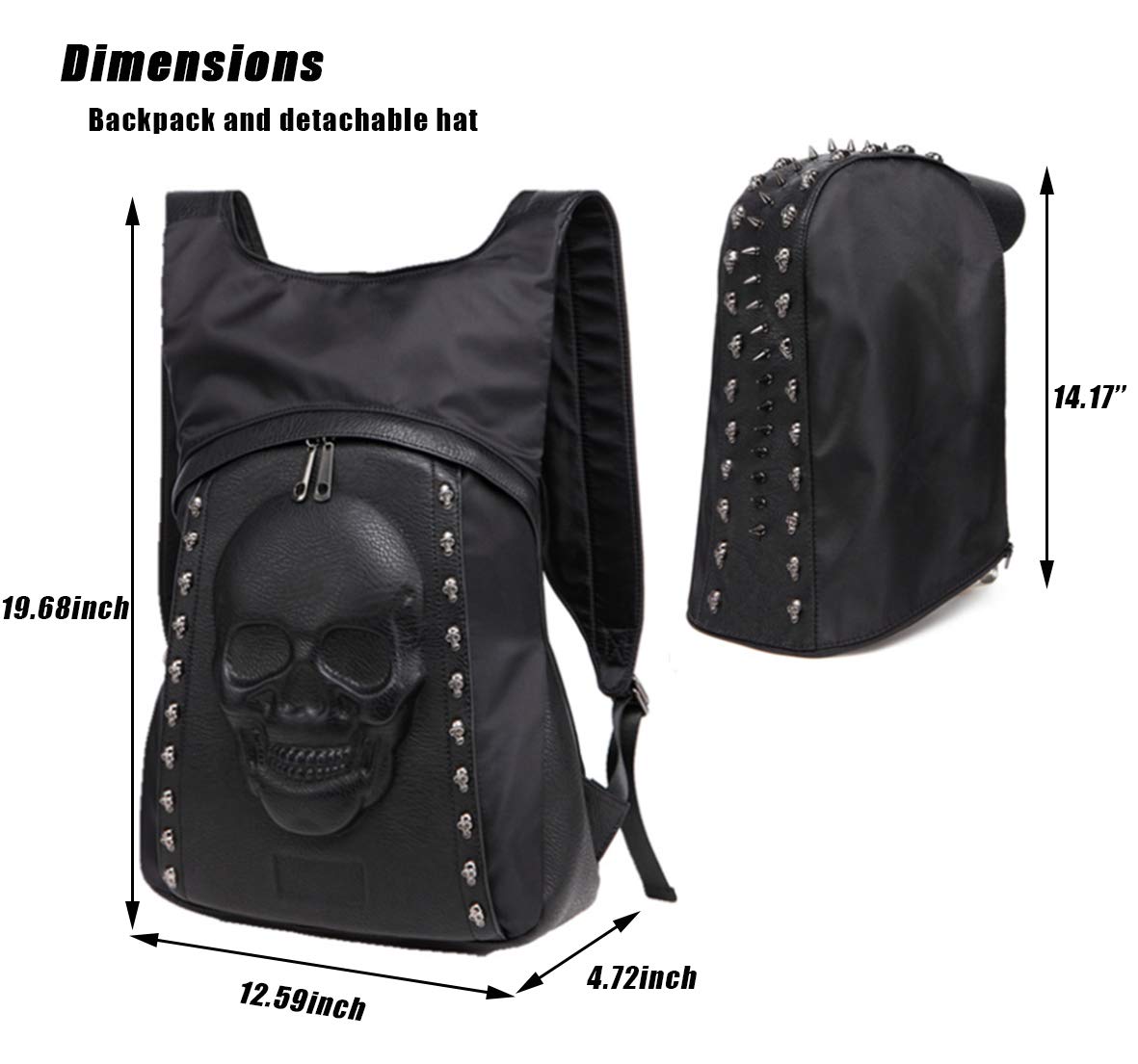 Chikencall Skull Backpack Hooded Skull Gothic Rucksack Rivet Studded Zipper Shoulder Purse Black Punk Metal 3D Stereo Daypack