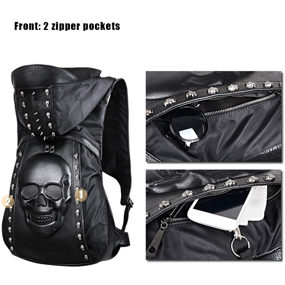 Chikencall Skull Backpack Hooded Skull Gothic Rucksack Rivet Studded Zipper Shoulder Purse Black Punk Metal 3D Stereo Daypack