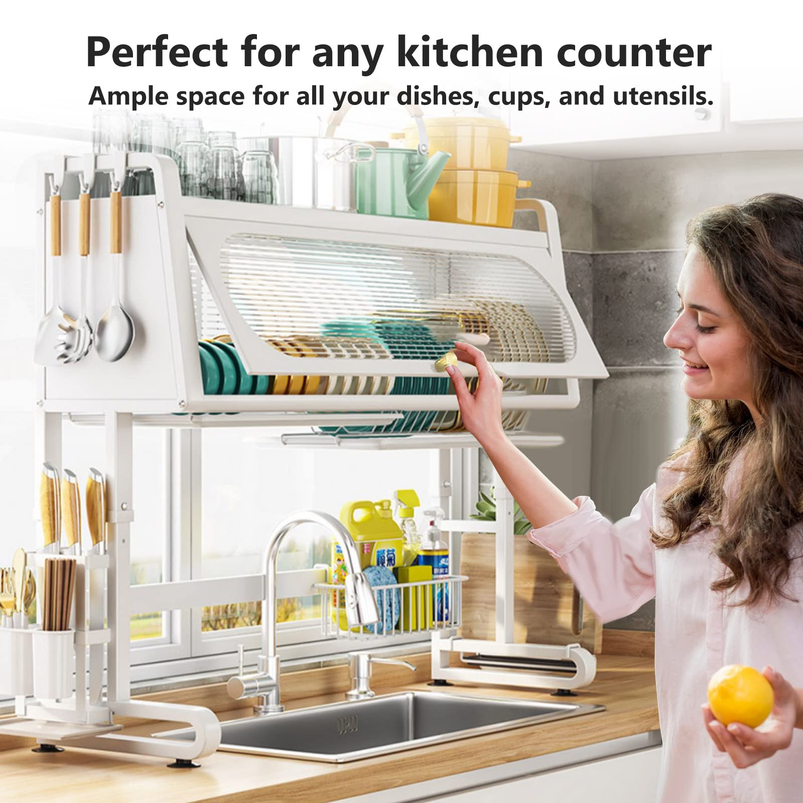 Adjustable (28.34"-31.49") 3 Tier Over The Sink Dish Drying Rack with Cover Large Dish Rack Drainer for Kitchen Storage Counter Above Sink Dish Rack