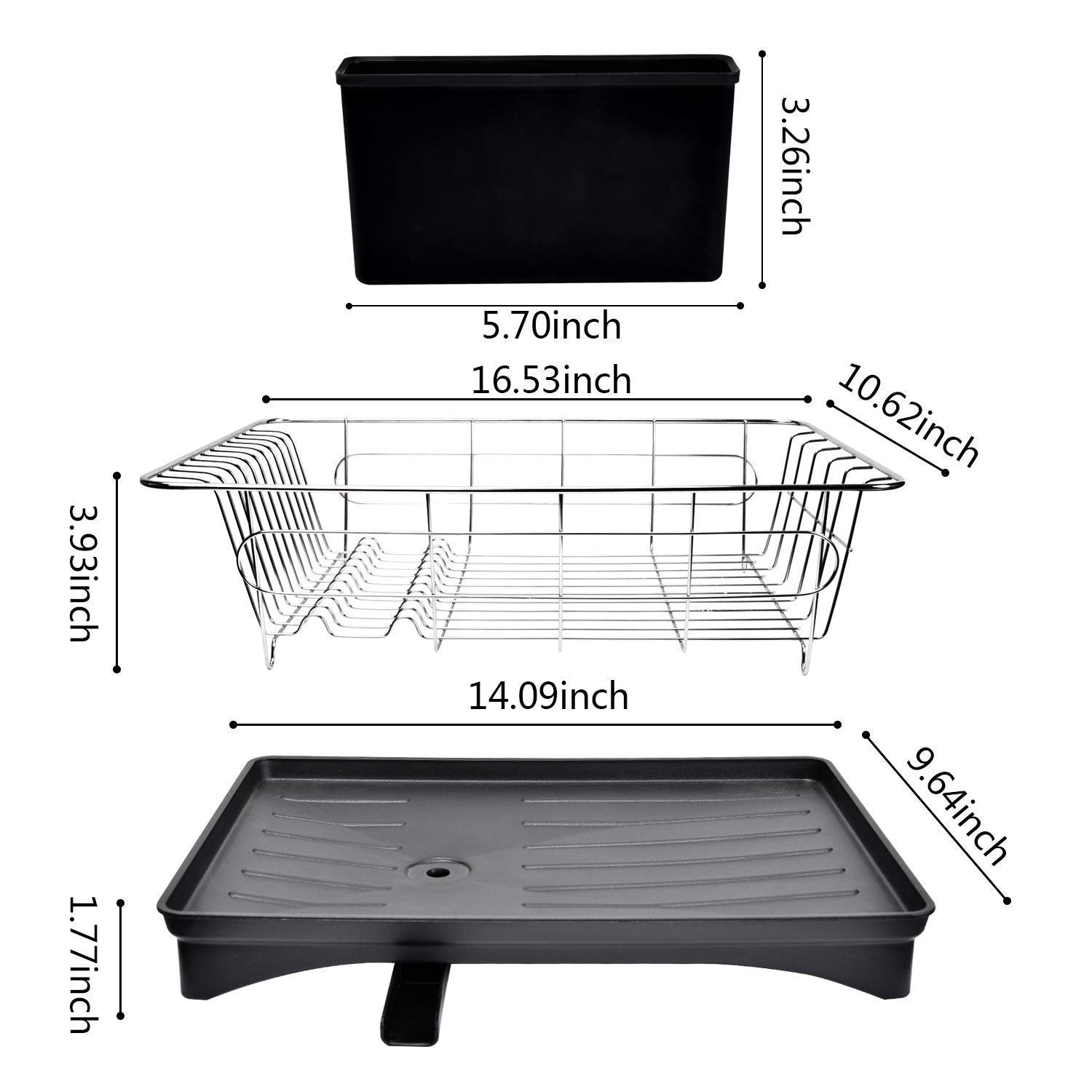 DOUBLE 2 C Dish Drying Rack, Stainless Steel Dish Drainer for Kitchen, Small Dish Drainer Rack for Kitchen Counter, Set of Rustproof Dish Rack and Drainboard (Black)