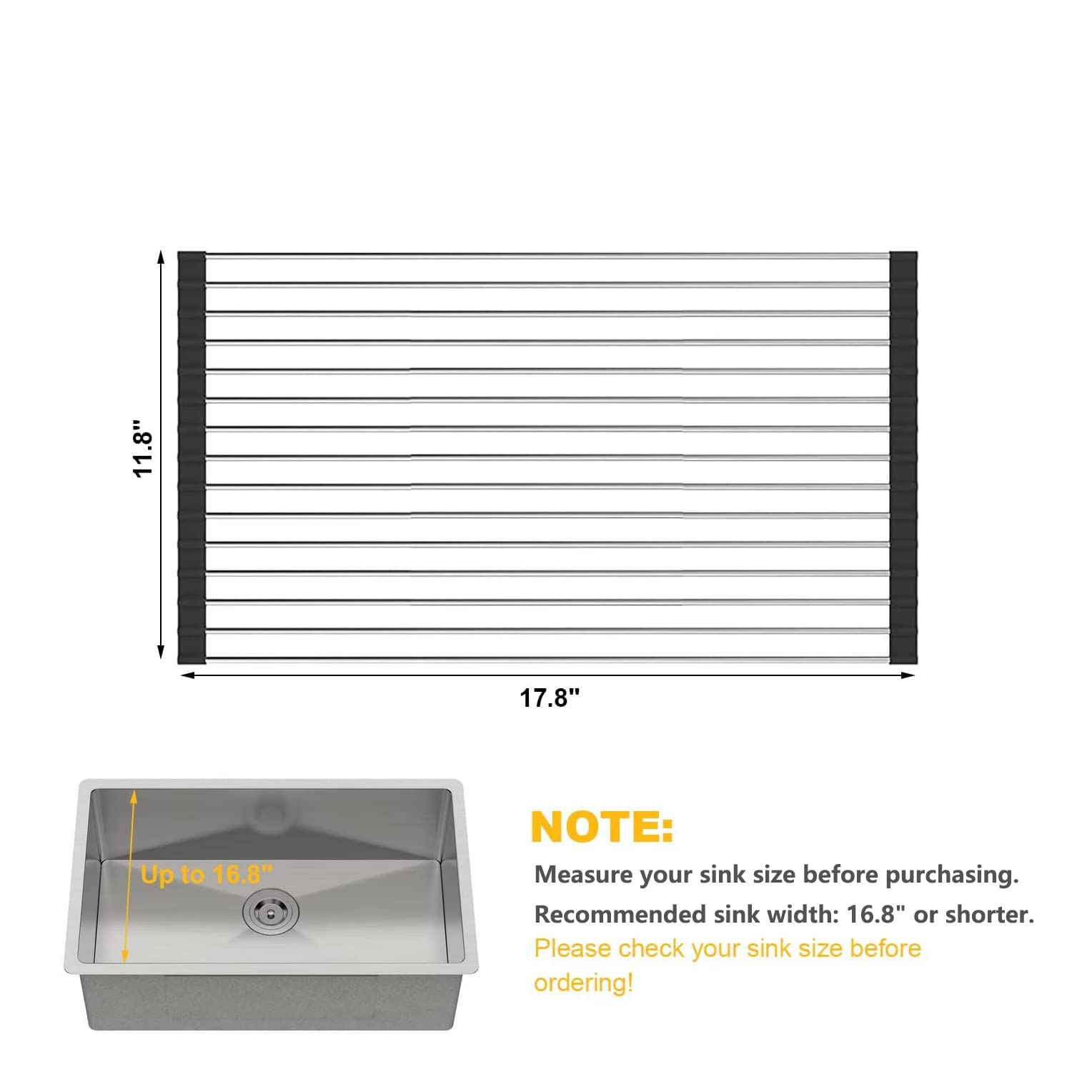 Roll Up Dish Drying Rack, Over The Sink Dish Drying Rack Kitchen Rolling Dish Drainer, Foldable Sink Rack Mat Stainless Steel Wire Dish Drying Rack for Kitchen Sink Counter (17.8"x11.8")