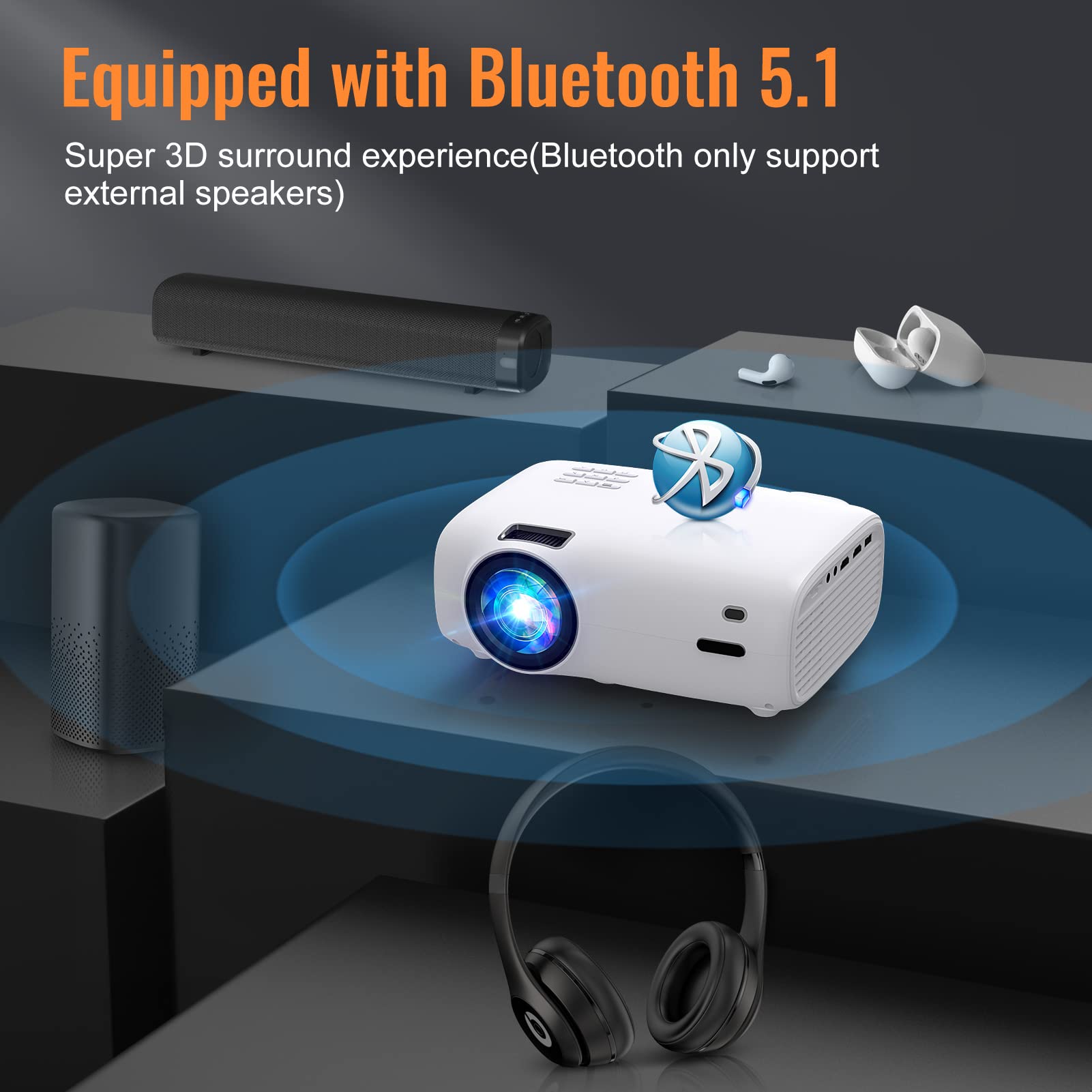 VYSER Projector, Projector with WiFi and Bluetooth 9800L Native 1080P Full HD Mini Projector with 100″ Screen, 300" Display Outdoor Movie Projector Compatible with TV Stick Phone Laptop