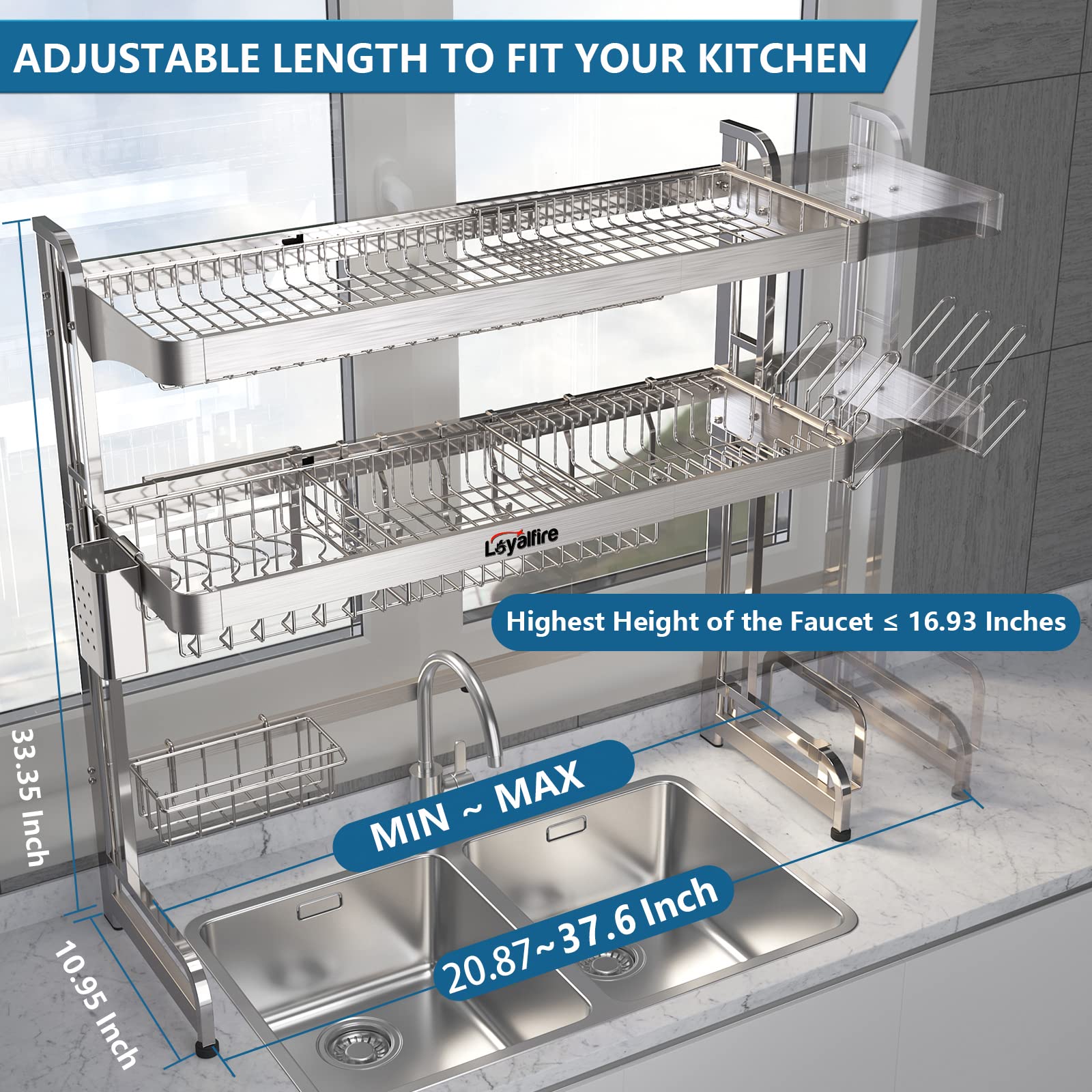 Loyalfire Over Sink Dish Drying Rack, 3 Tier Adjustable Length (20.87''~37.6'') Full Stainless Steel Large Storage Kitchen Dish Rack, Expandable Shelf Rack with Utensil Holder, Cup Hanging Set