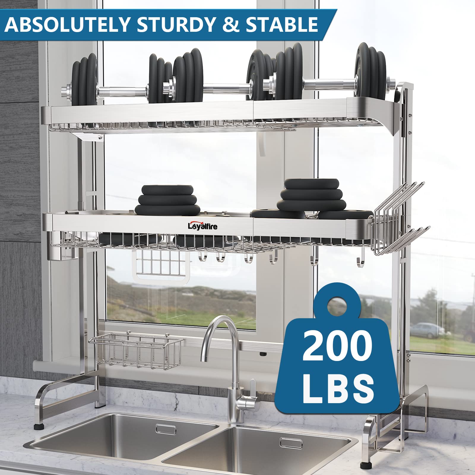 Loyalfire Over Sink Dish Drying Rack, 3 Tier Adjustable Length (20.87''~37.6'') Full Stainless Steel Large Storage Kitchen Dish Rack, Expandable Shelf Rack with Utensil Holder, Cup Hanging Set