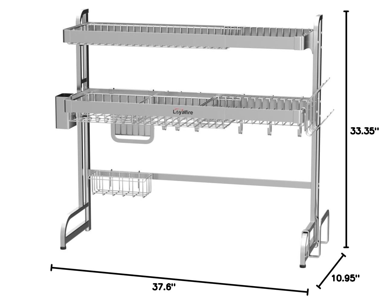 Loyalfire Over Sink Dish Drying Rack, 3 Tier Adjustable Length (20.87''~37.6'') Full Stainless Steel Large Storage Kitchen Dish Rack, Expandable Shelf Rack with Utensil Holder, Cup Hanging Set
