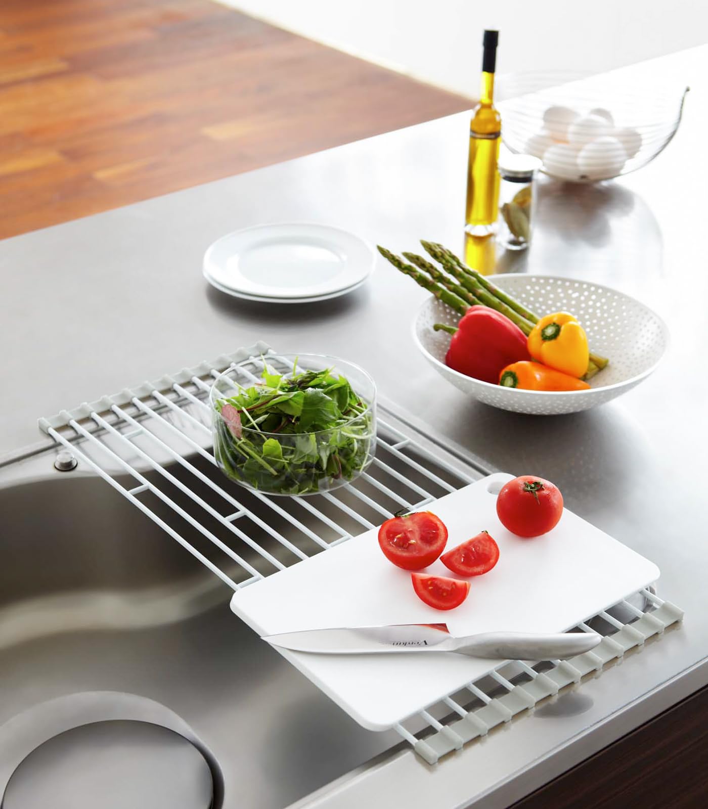 YAMAZAKI Dish Home Folding Sink Rack | Steel | Large | Drainer Tray, White
