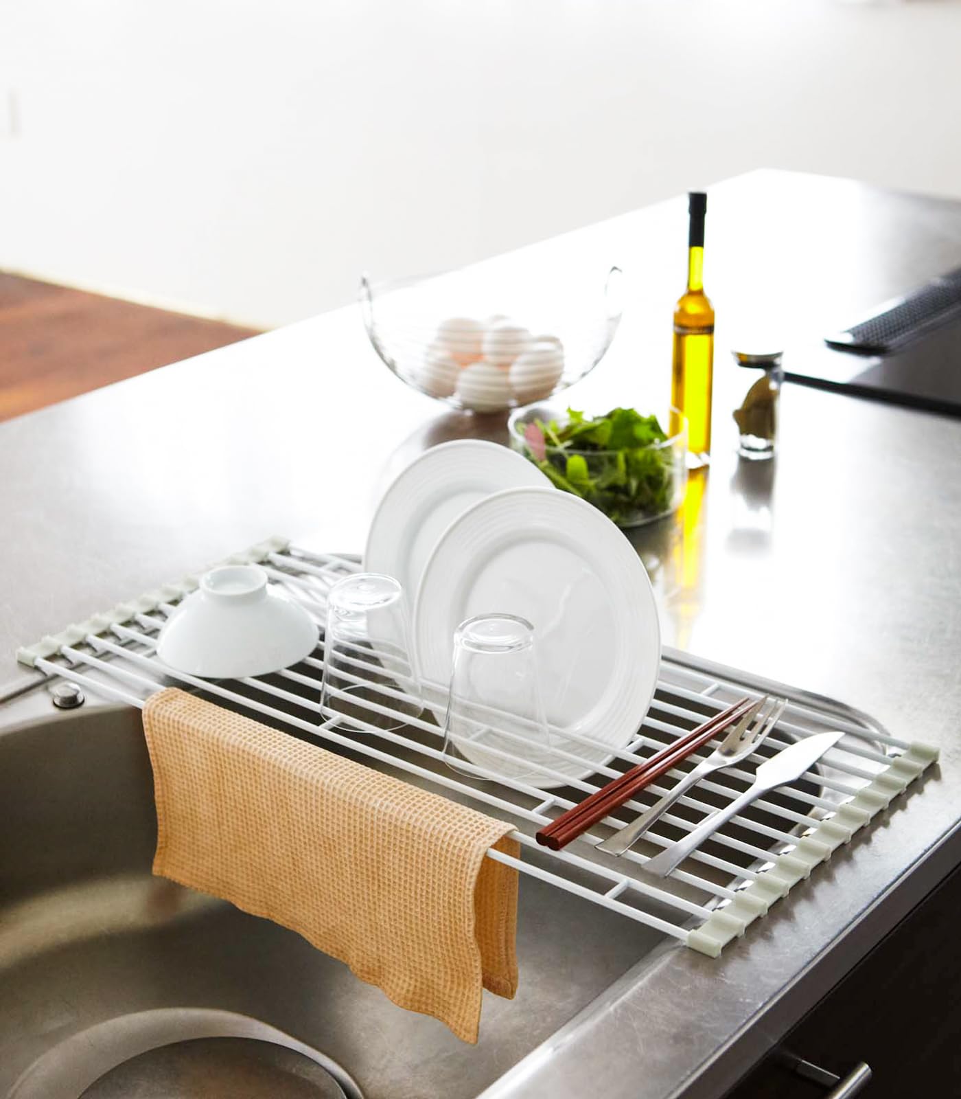 YAMAZAKI Dish Home Folding Sink Rack | Steel | Large | Drainer Tray, White