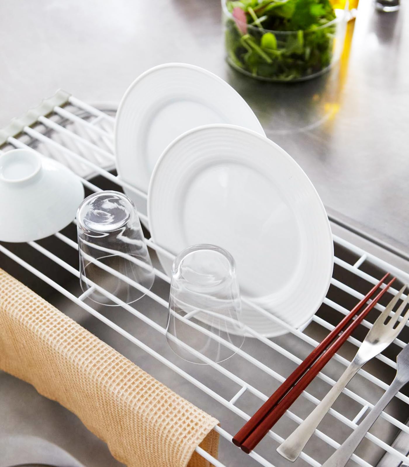YAMAZAKI Dish Home Folding Sink Rack | Steel | Large | Drainer Tray, White