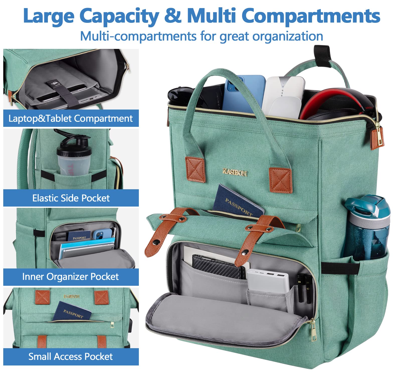 kasibon Travel Laptop Backpack for Women Men, Wide Top Open College School Work Computer Bag Back Pack Book Bag Casual Water Resistant Anti Theft USB Charging Port Fits 15.6 Inch Notebook