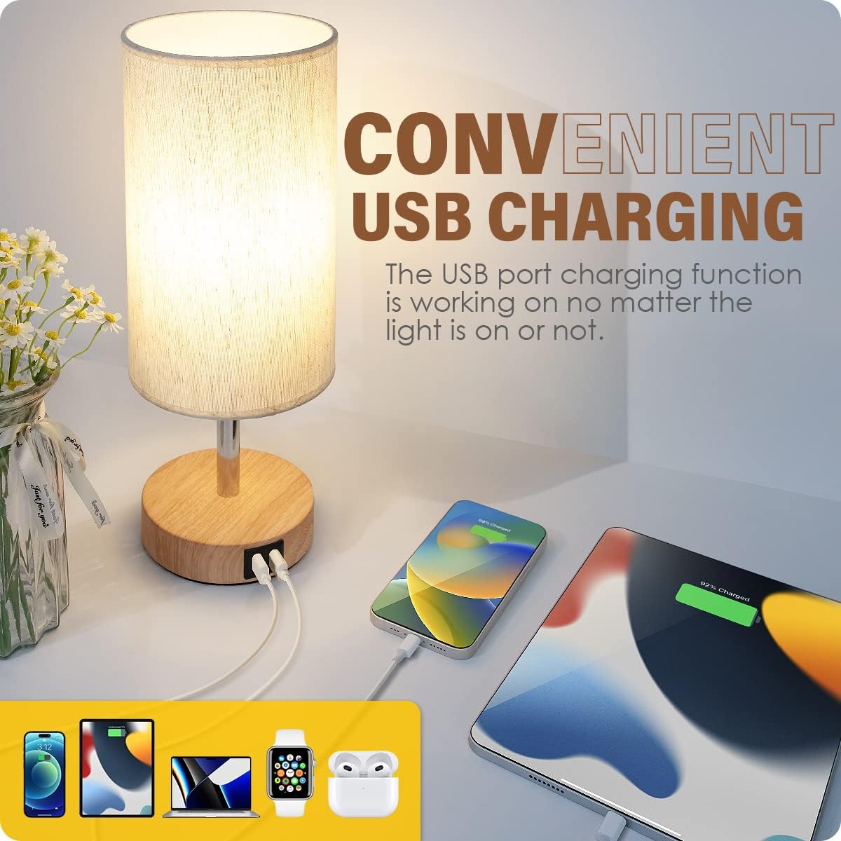 Yarra-Decor Bedside Lamp with USB Port - Touch Control Table Lamp for Bedroom Wood 3 Way Dimmable Nightstand Lamp with Round Flaxen Fabric Shade for Living Room, Dorm, Home Office (LED Bulb Included)
