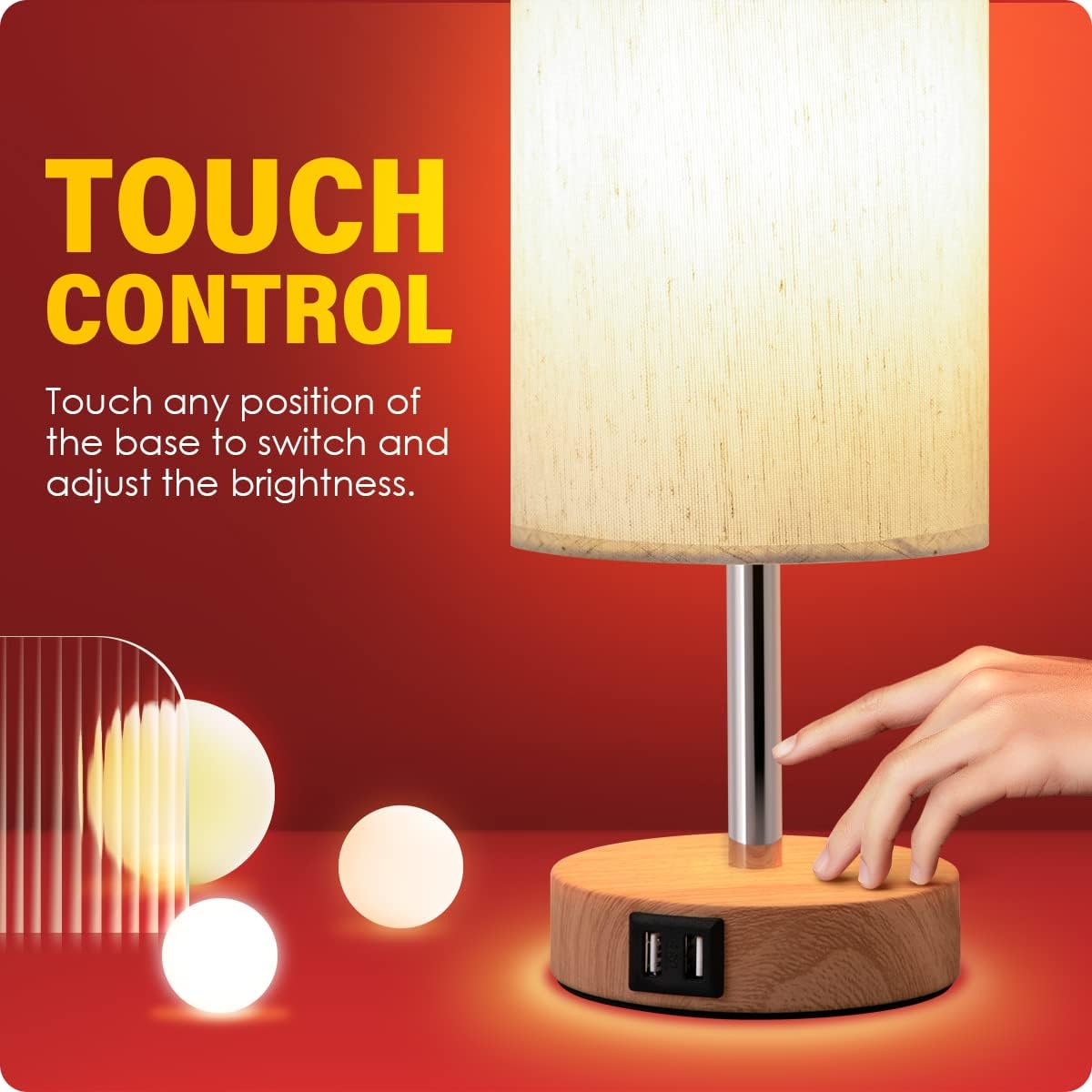 Yarra-Decor Bedside Lamp with USB Port - Touch Control Table Lamp for Bedroom Wood 3 Way Dimmable Nightstand Lamp with Round Flaxen Fabric Shade for Living Room, Dorm, Home Office (LED Bulb Included)