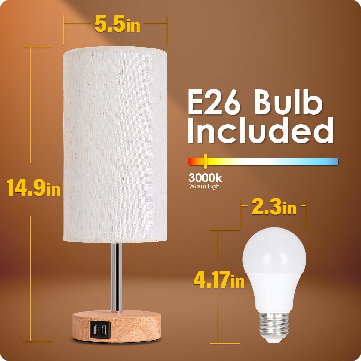 Yarra-Decor Bedside Lamp with USB Port - Touch Control Table Lamp for Bedroom Wood 3 Way Dimmable Nightstand Lamp with Round Flaxen Fabric Shade for Living Room, Dorm, Home Office (LED Bulb Included)