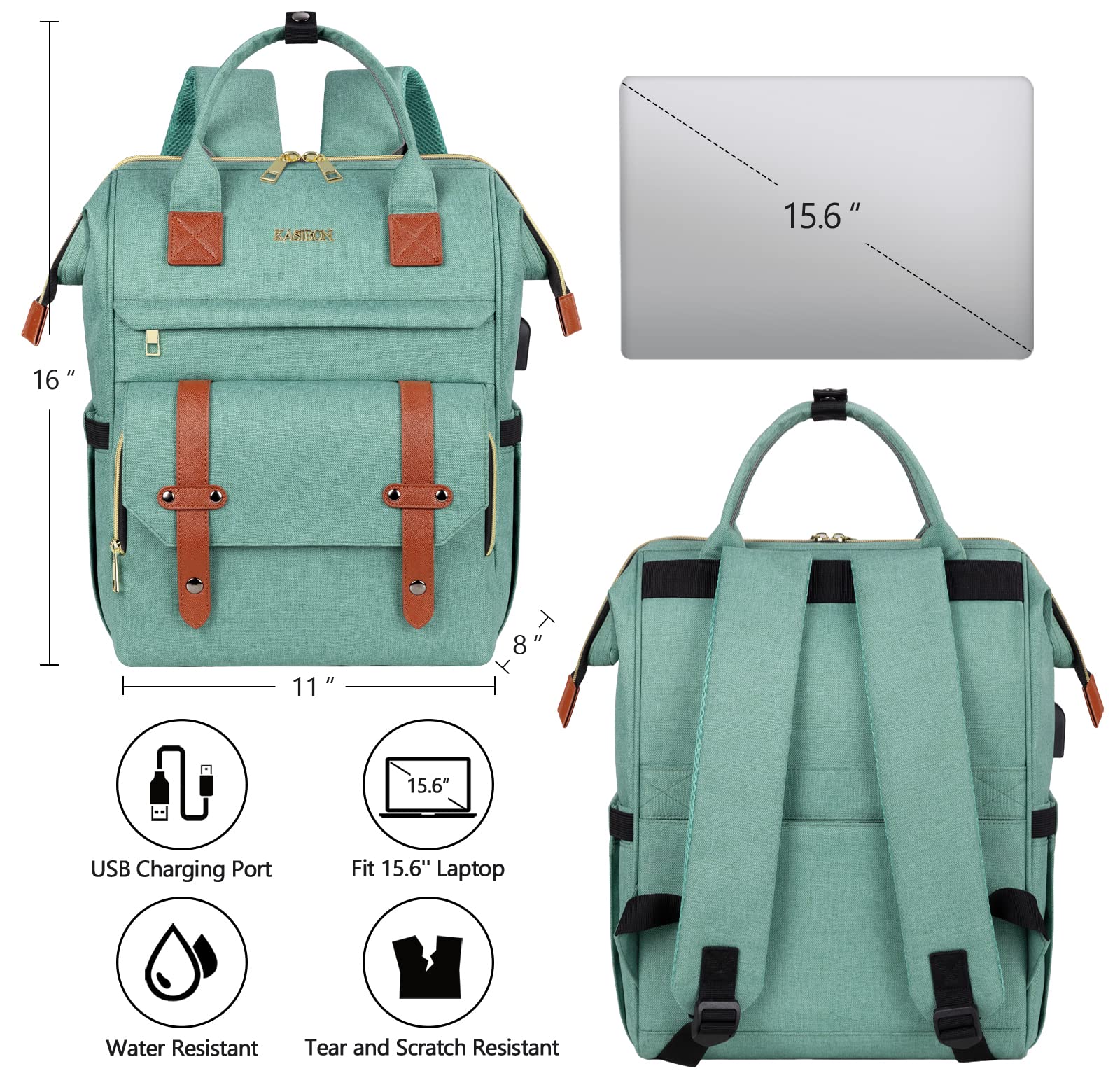 kasibon Travel Laptop Backpack for Women Men, Wide Top Open College School Work Computer Bag Back Pack Book Bag Casual Water Resistant Anti Theft USB Charging Port Fits 15.6 Inch Notebook