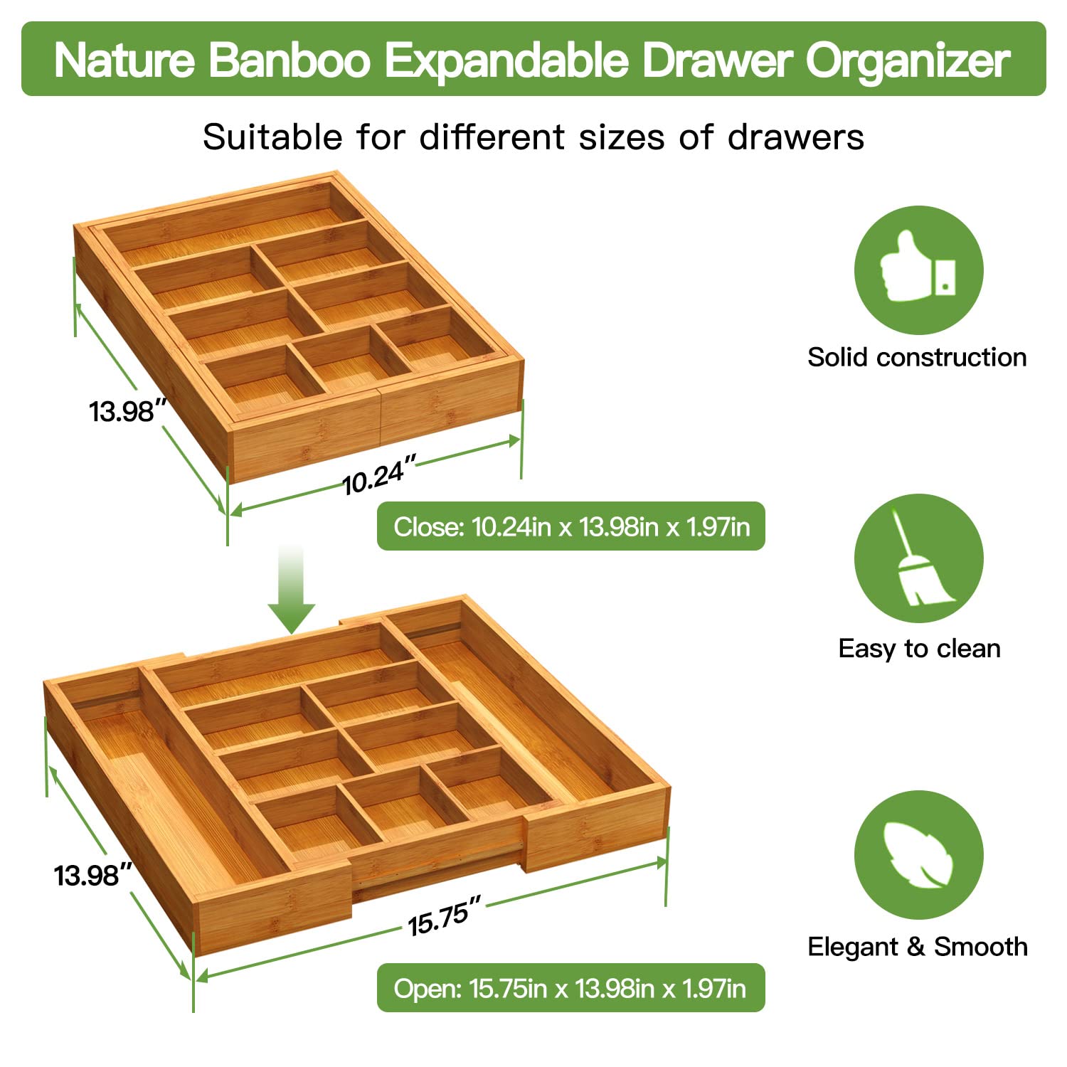 Pipishell Bamboo Expandable Drawer Organizer, Adjustable Silverware Organizer with Removable Dividers, Cutlery Tray Perfect for Kitchen, Bathroom, Office, Bedroom