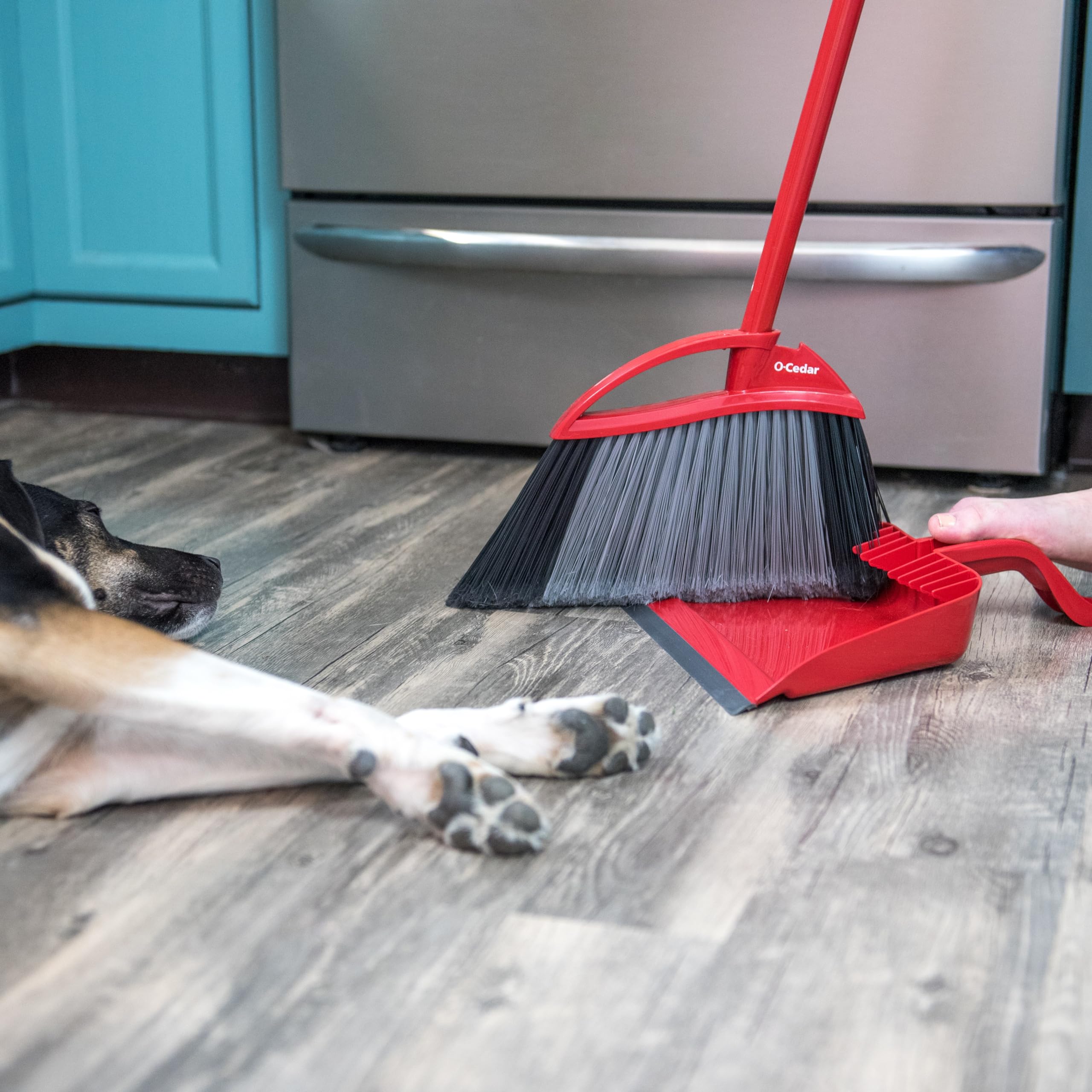 O-Cedar Pet Pro Broom & Step-On Dustpan PowerCorner, Red