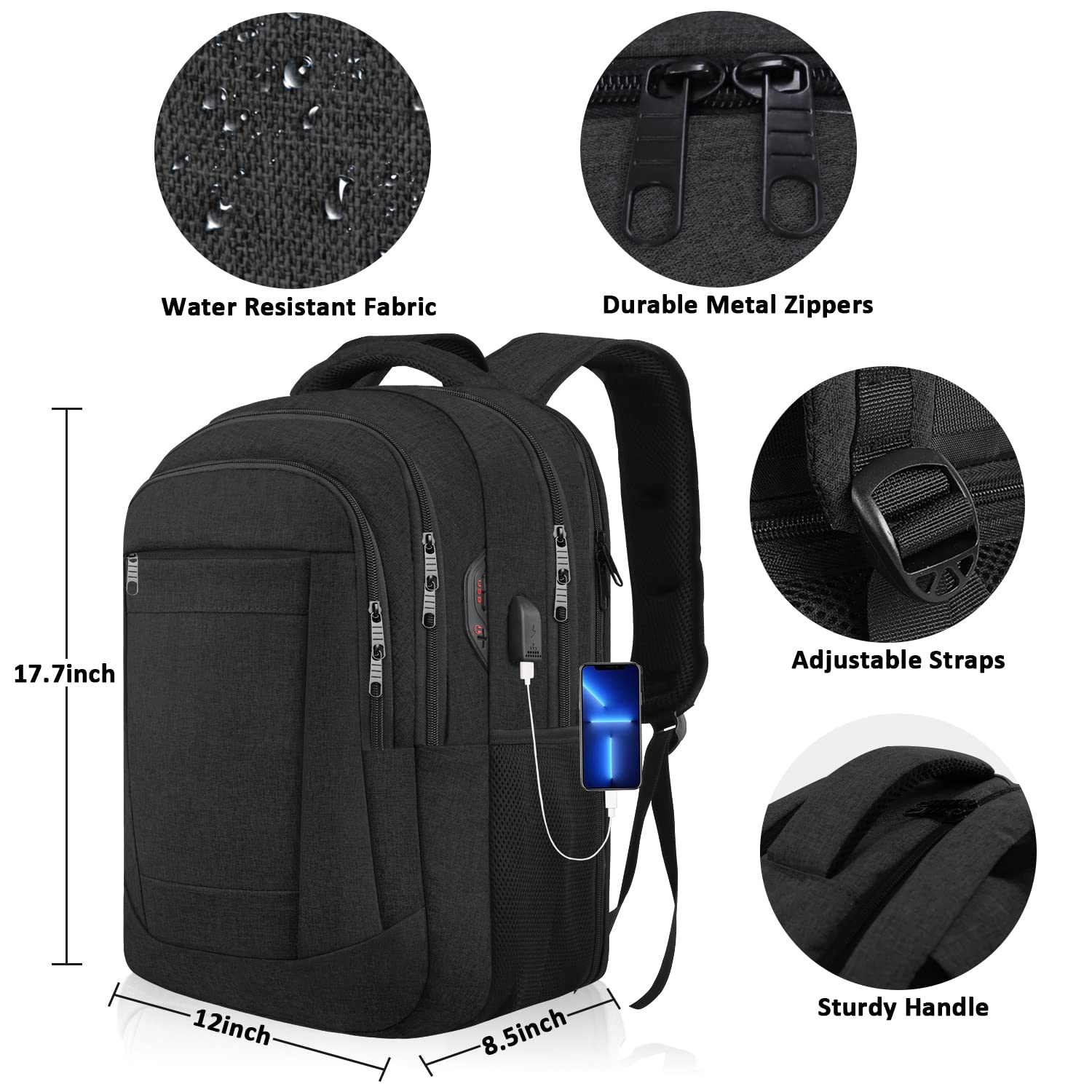 ANTERK Travel Backpack, Extra Large Laptop Backpack, TSA Business Backpack Durable 17.3 Inch School Backbag with USB Port, Anti Theft Computer Backpack Christmas Gifts for Men Women, Black