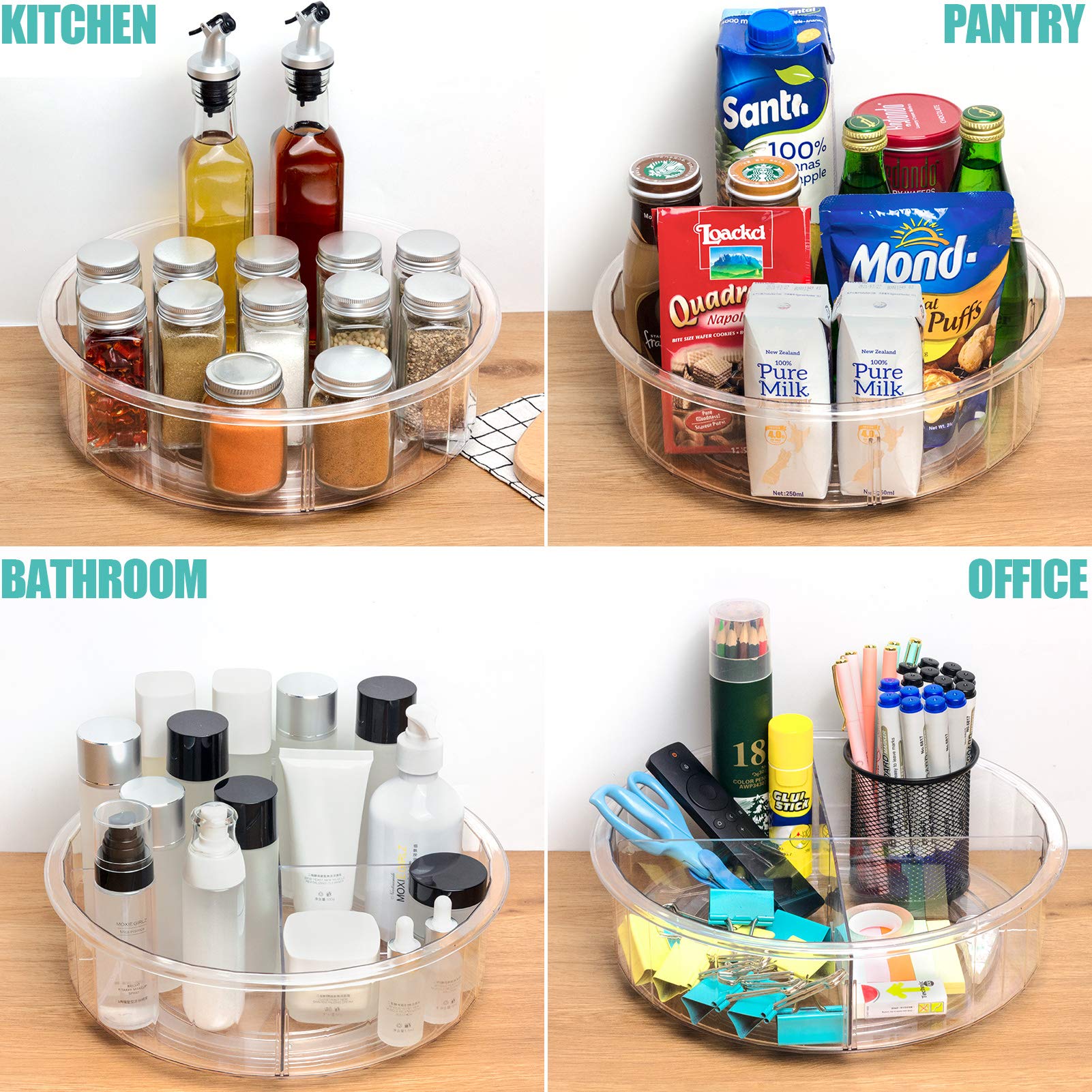12 Inch Lazy Susan Cabinet Organizer - 2 Pack Round Clear Spinning Organization & Storage Container Bin Turntable Plastic Condiment Spice with Dividers for Pantry Kitchen Fridge Vanity Bathroom Makeup