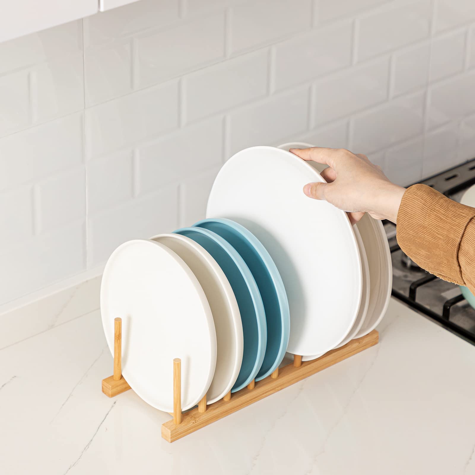 HBlife 2pcs Bamboo Dish Plate Bowl Cup Book Pot Lid Cutting Board Drying Rack Stand Drainer Storage Holder Organizer Kitchen Cabinet(Keep Dry)