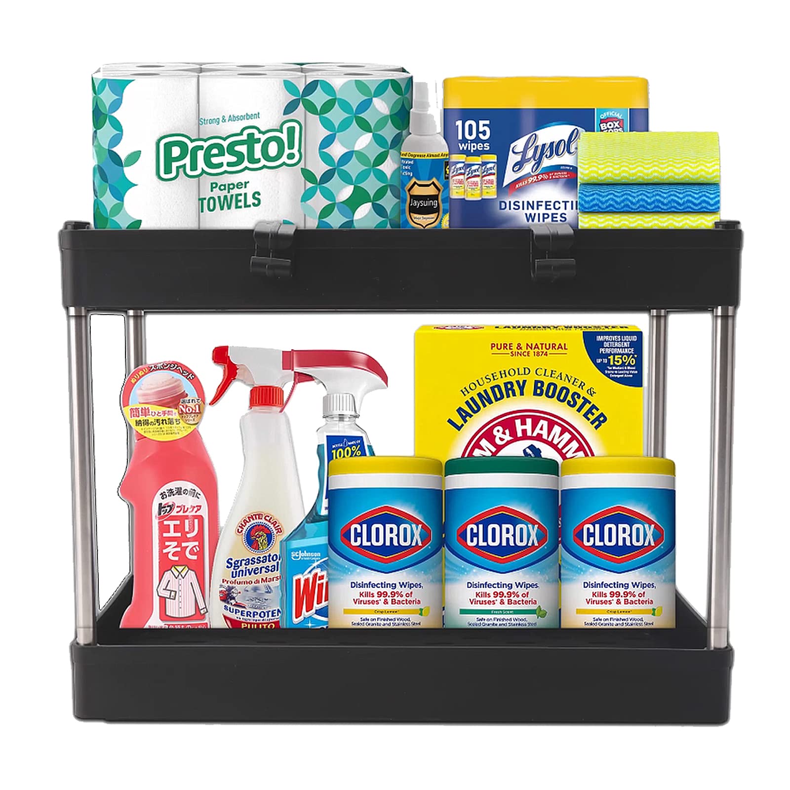 Under Sink Organizer, 2 Tier Bathroom Organizer with 4 Hooks, Multi-purpose Under Sink Storage,Countertop Storage Shelf Holder, Kitchen Spice Rack, Under Sink Storage for Bathroom Kitchen (Black)