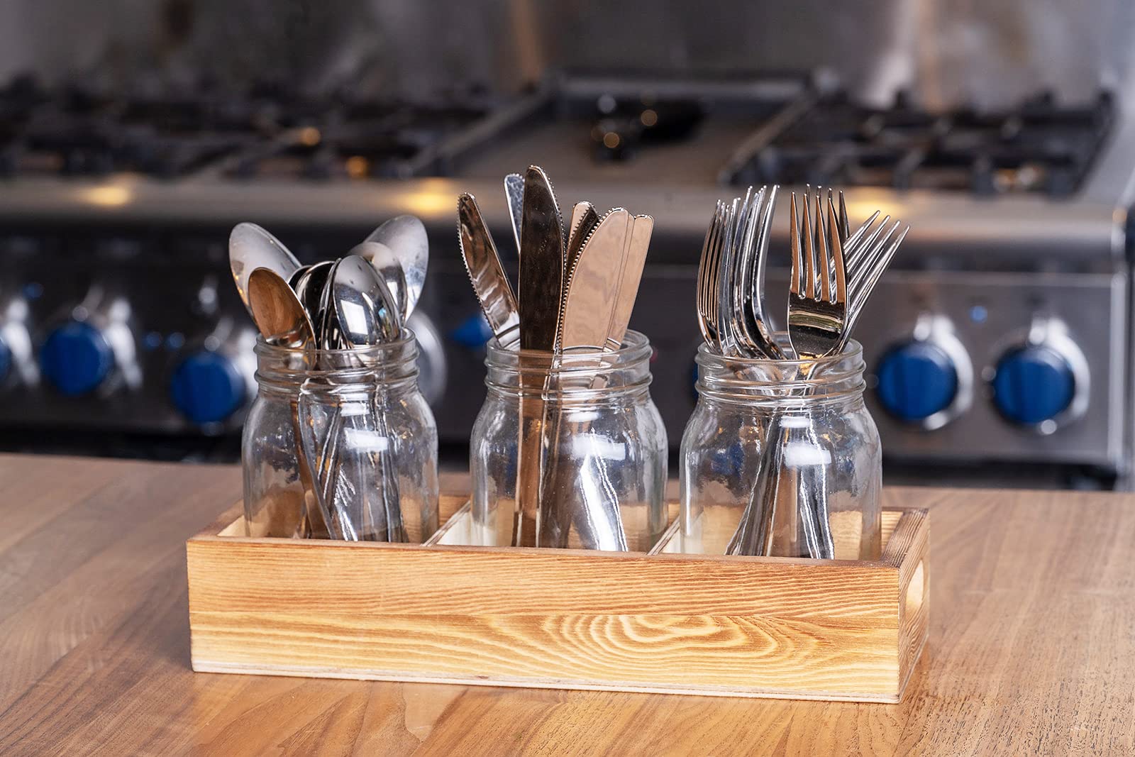 CB Accessories Mason Jar Glass Utensil Holder Flatware Caddy Silverware Organizer for Spoons, Knives and Forks with Rustic Wood Tray