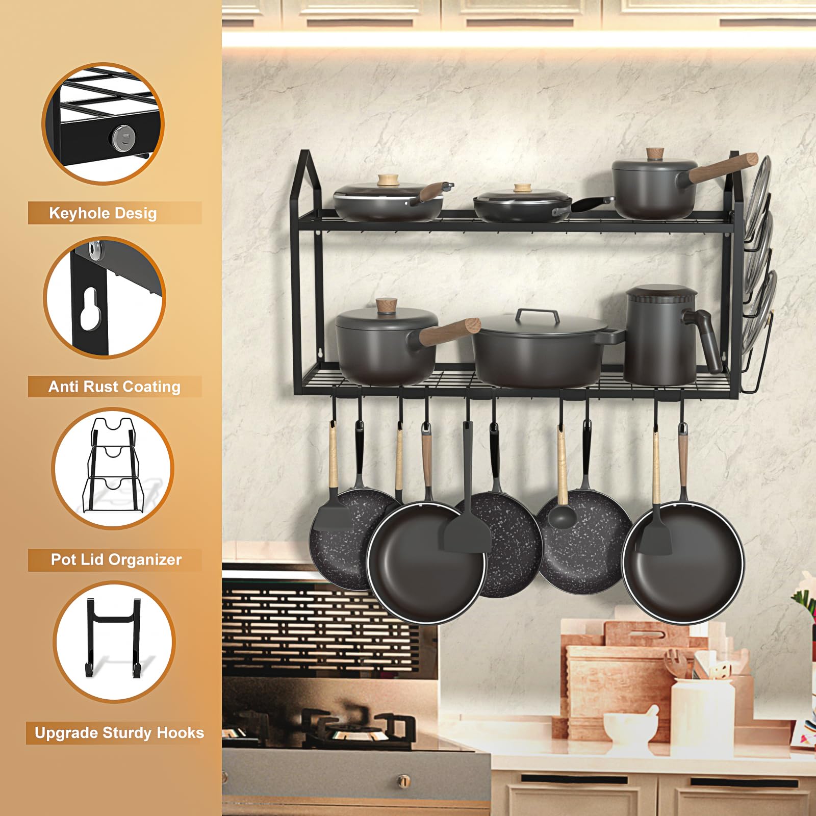LADER 30Inch Wall Mounted Pot Rack, 2 Tiers Pots and Pans Organizer for Kitchen Organization & Storage, Large Size Black Hanging Pot rack, Wall Shelf with 5 connect Hooks