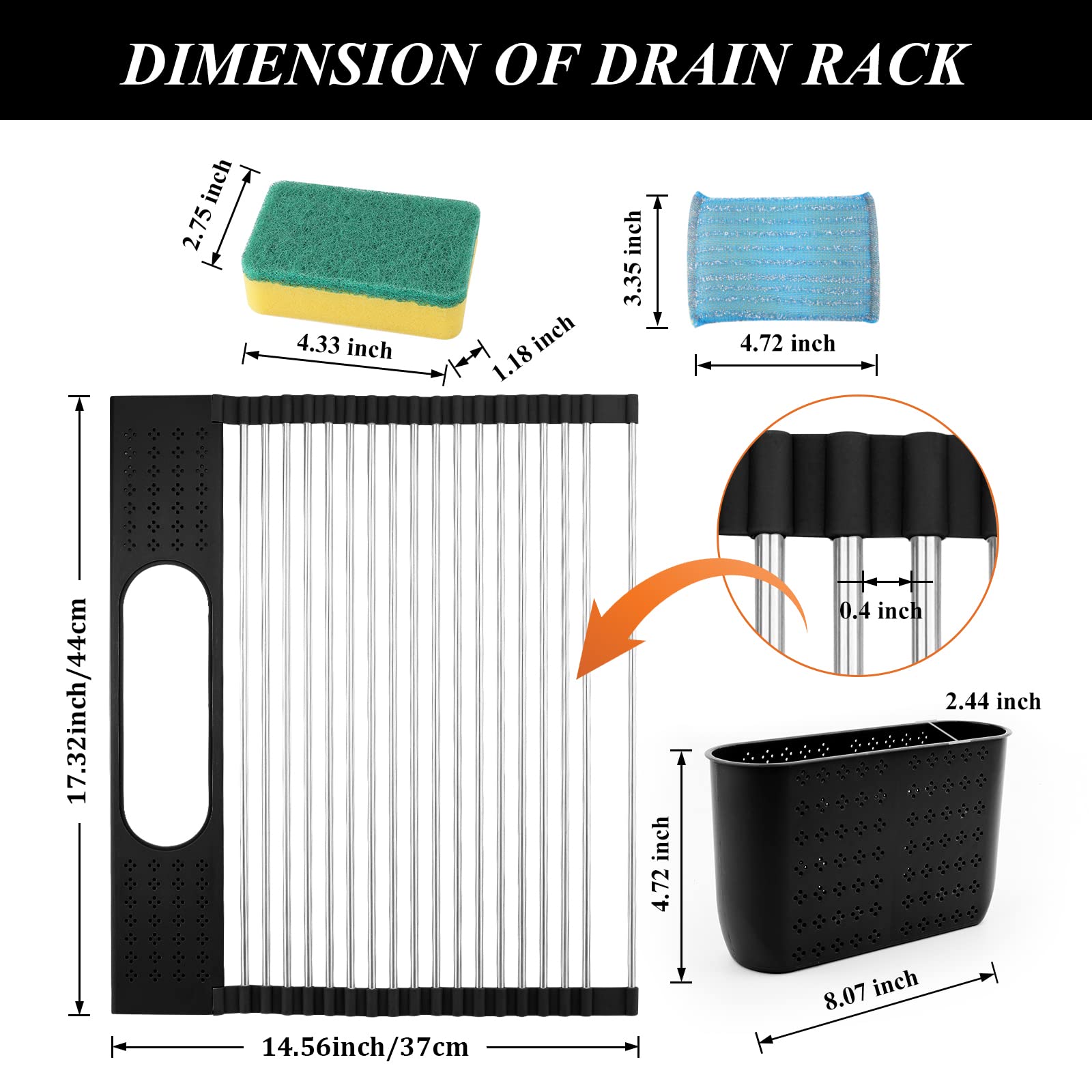 BRAQ Roll Up Dish Drying Rack 17.32" x 14.56" Portable Stainless Steel Sink Rack with 1 Storage Baskets Over The Sink Dish Drying Rack for Kitchen Dishes Cups
