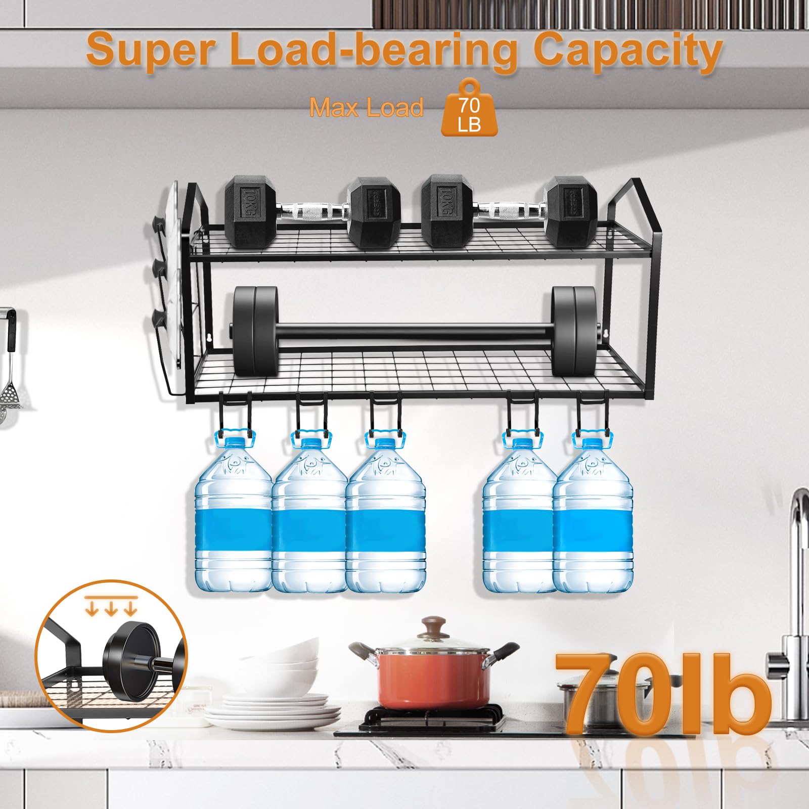 LADER 30Inch Wall Mounted Pot Rack, 2 Tiers Pots and Pans Organizer for Kitchen Organization & Storage, Large Size Black Hanging Pot rack, Wall Shelf with 5 connect Hooks
