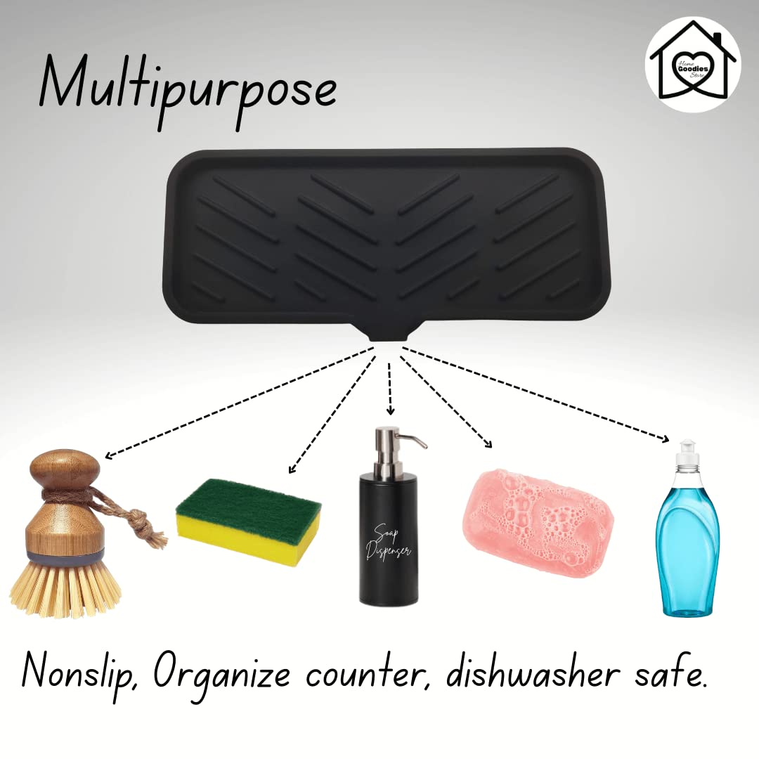 Home Goodies Store, Self draining, Silicone Kitchen Tray and Sponge Holder. Soap Dispenser and Scrubber Sink Caddy. Vanity Sink Accessory Organizer. Black 9'' x 4'' x 5/8''