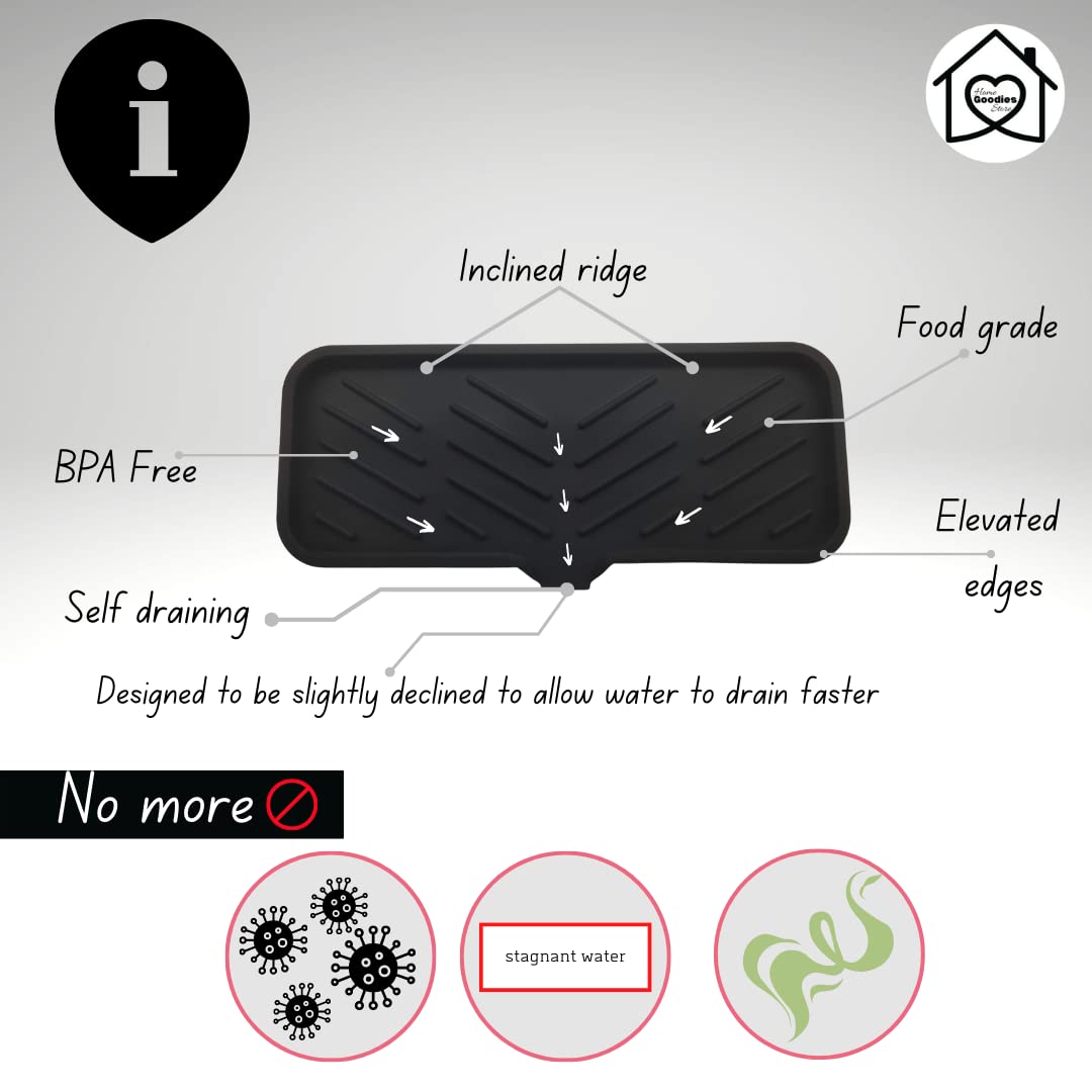 Home Goodies Store, Self draining, Silicone Kitchen Tray and Sponge Holder. Soap Dispenser and Scrubber Sink Caddy. Vanity Sink Accessory Organizer. Black 9'' x 4'' x 5/8''
