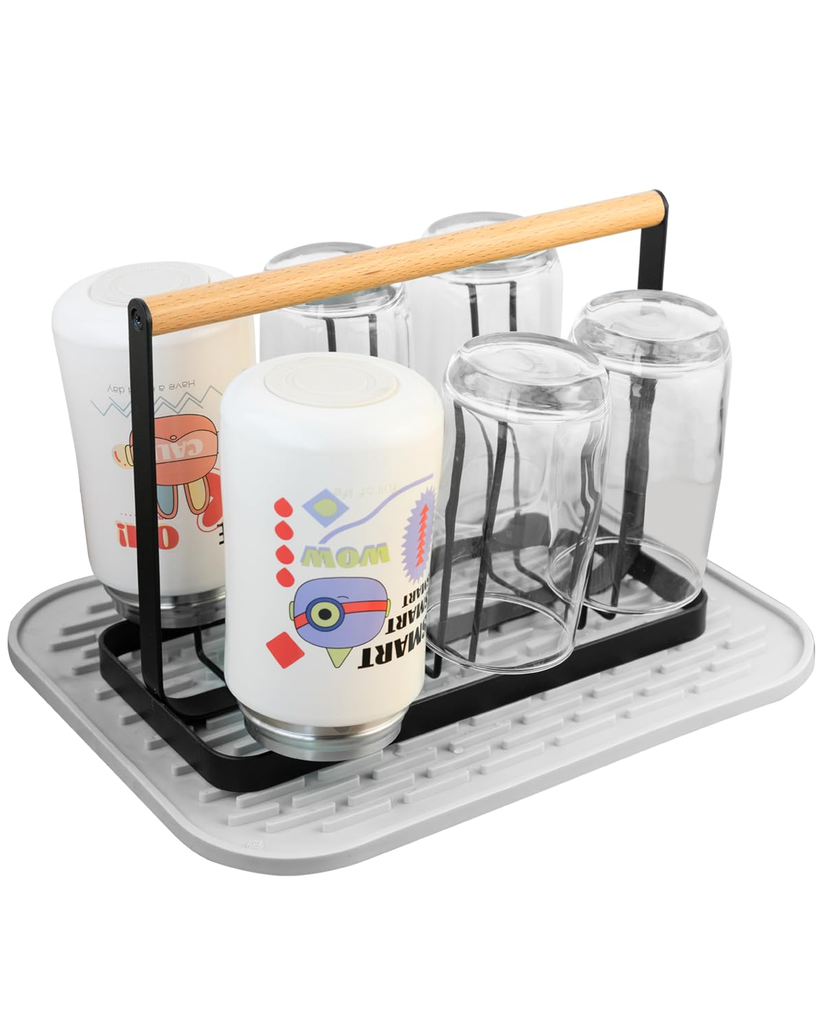 Mukkuri Cup Drying Rack Stand,Beer Glasses Rack 6 Cup Metal Drainer Holder Rack Non-Slip Mugs Cups Organizer with Wood Handle, Black
