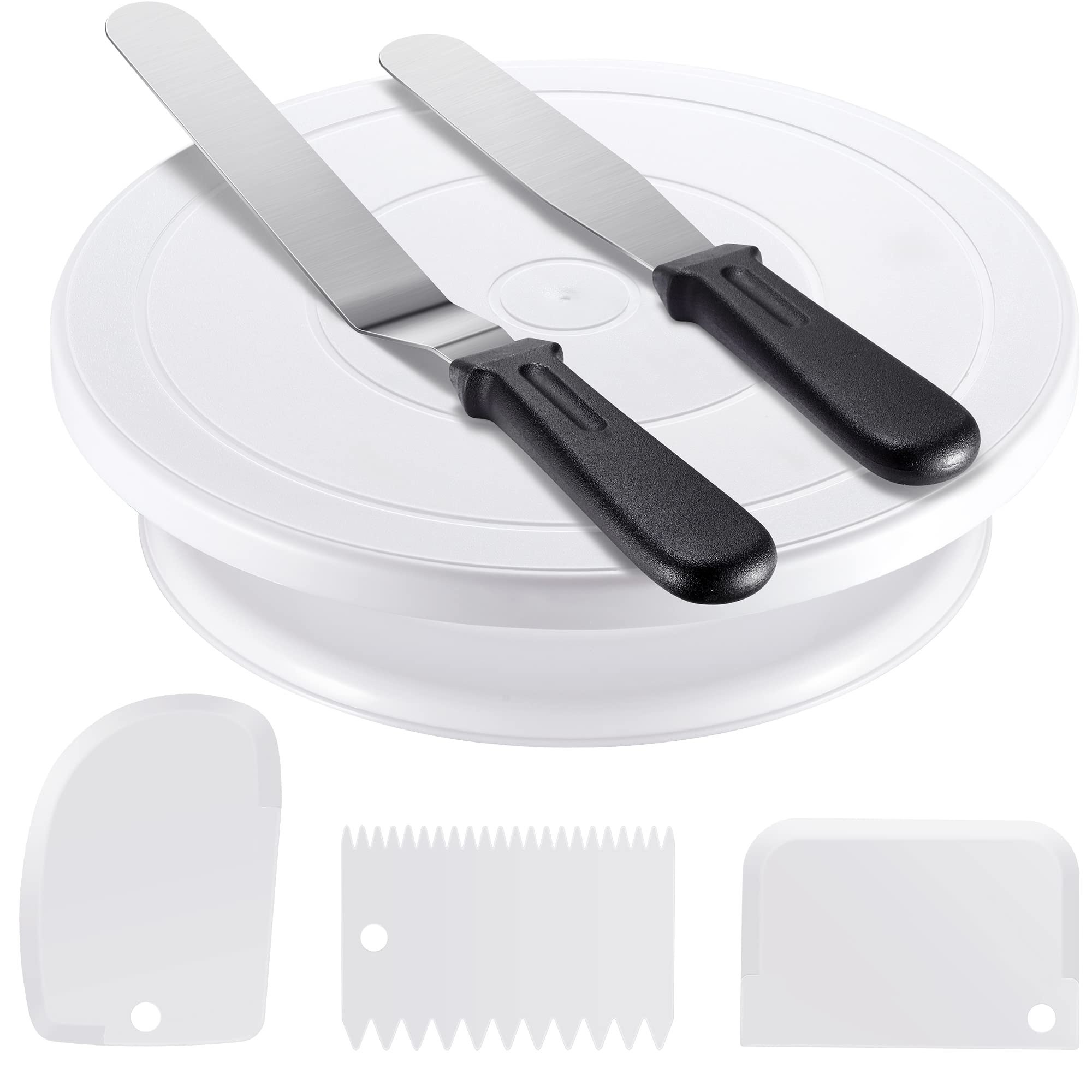 Kootek 11 Inch Rotating Cake Turntable with 2 Icing Spatula and 3 Icing Smoother, Revolving Cake Stand White Baking Cake Decorating Kits Supplies