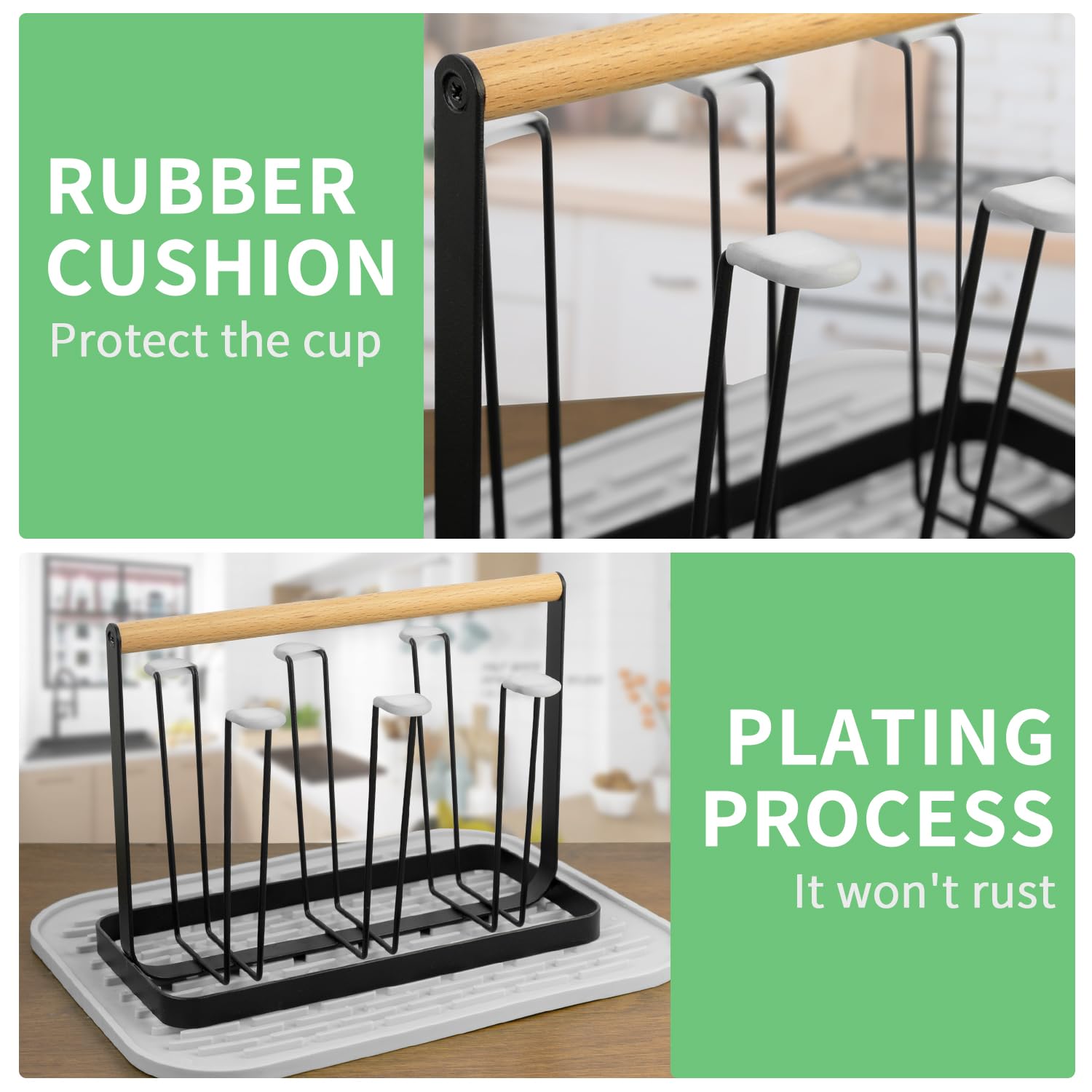 Mukkuri Cup Drying Rack Stand,Beer Glasses Rack 6 Cup Metal Drainer Holder Rack Non-Slip Mugs Cups Organizer with Wood Handle, Black