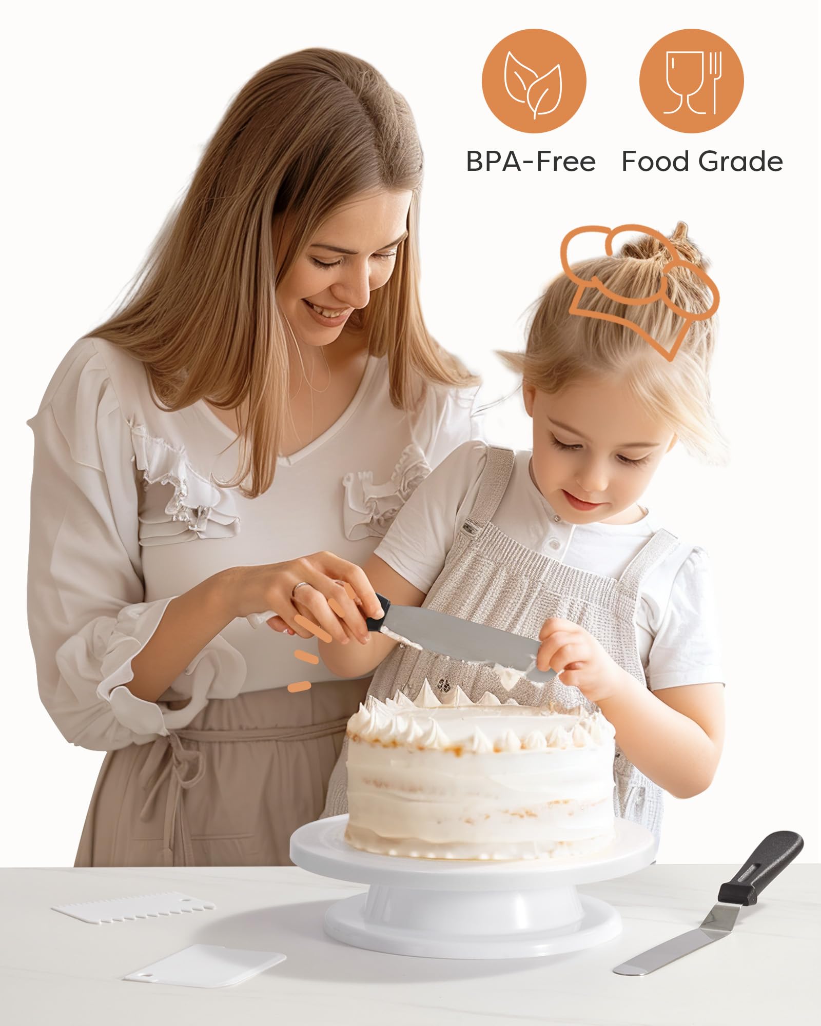 Kootek 11 Inch Rotating Cake Turntable with 2 Icing Spatula and 3 Icing Smoother, Revolving Cake Stand White Baking Cake Decorating Kits Supplies