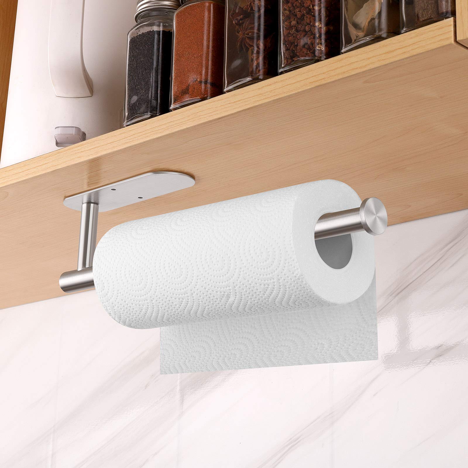 Paper Towel Holder Under Kitchen Cabinet - Self Adhesive or Drilling, SUS304 Stainless Steel Wall Mount Silver Paper Towel Rack for Kitchen, Pantry, Sink, Bathroom