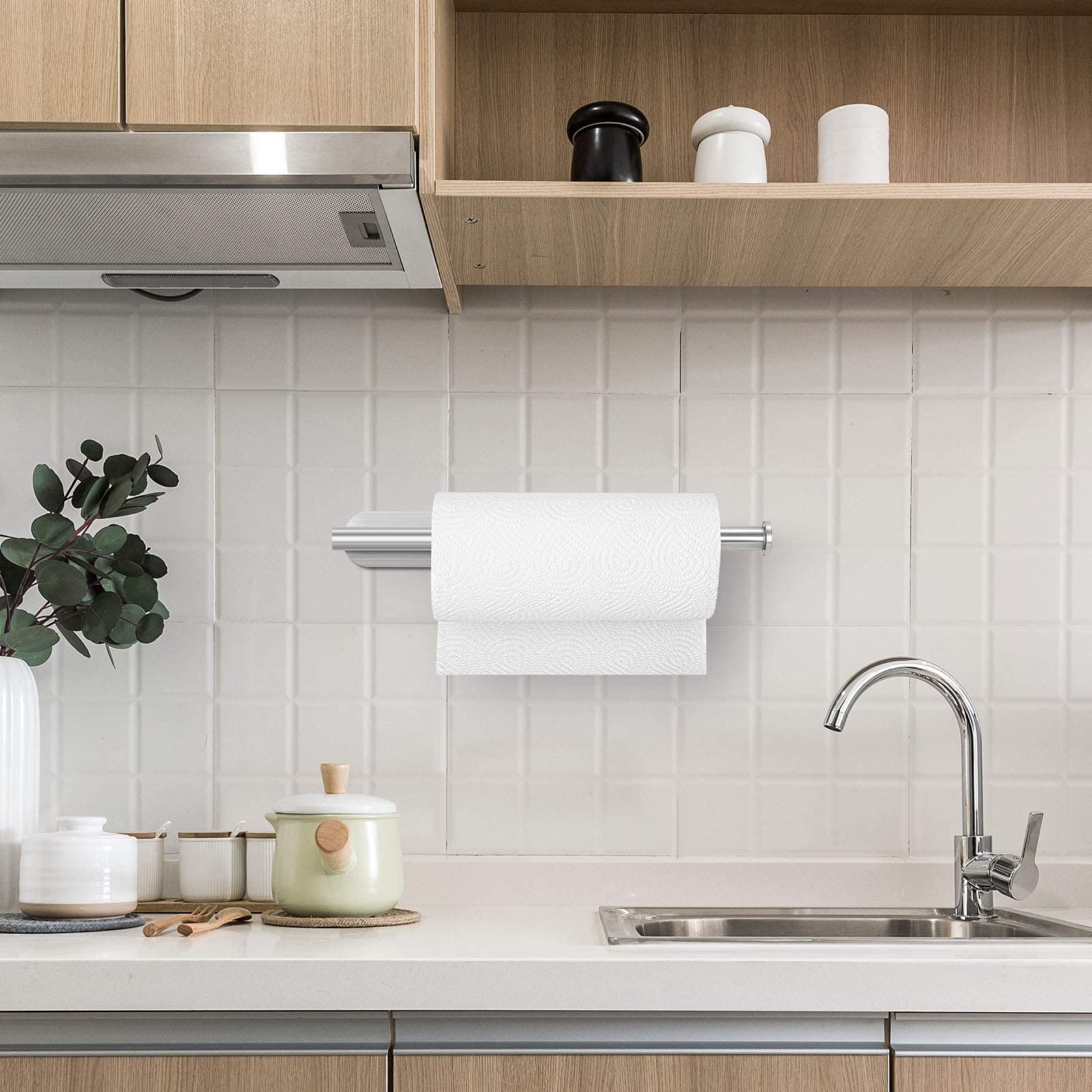 Paper Towel Holder Under Kitchen Cabinet - Self Adhesive or Drilling, SUS304 Stainless Steel Wall Mount Silver Paper Towel Rack for Kitchen, Pantry, Sink, Bathroom
