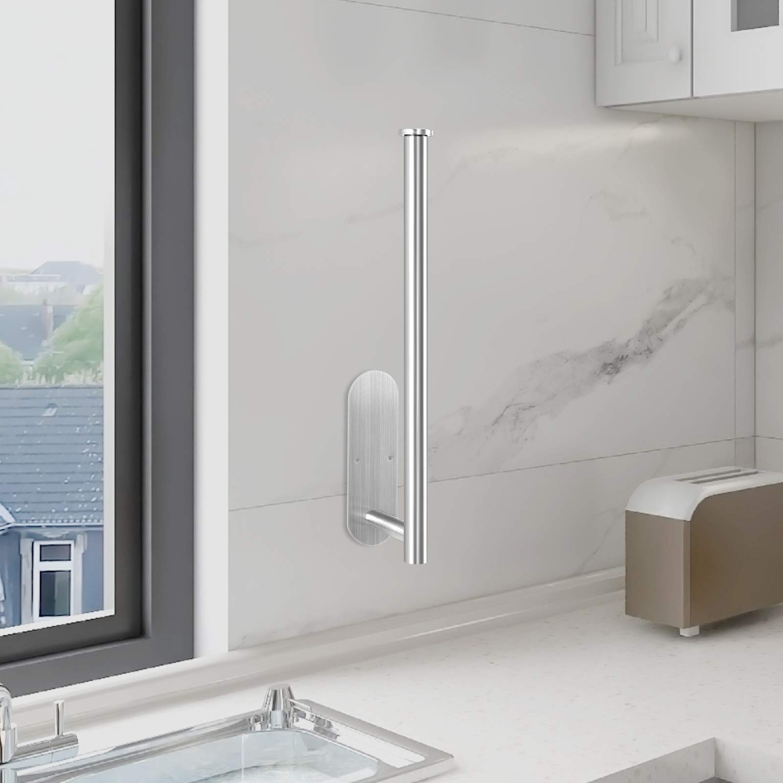 Paper Towel Holder Under Kitchen Cabinet - Self Adhesive or Drilling, SUS304 Stainless Steel Wall Mount Silver Paper Towel Rack for Kitchen, Pantry, Sink, Bathroom