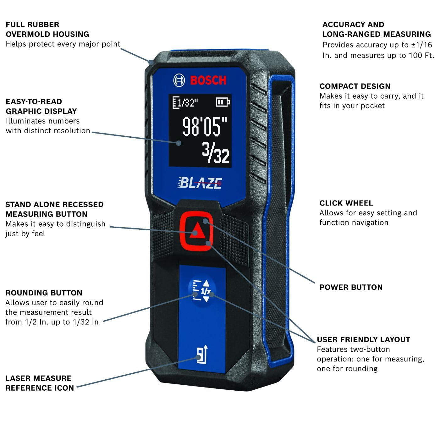 BOSCH GLM20 Blaze 65ft Laser Distance Measure With Real Time Measuring