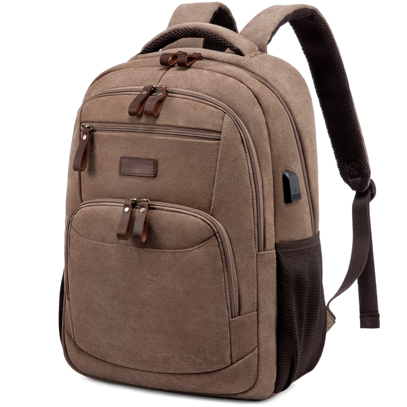 LOVEVOOK Canvas Backpack for Men,15.6 inch Vintage Rucksack for Casual,Large Capacity Travel Backpack,Laptop Backpack with USB Port for School Bookbag Casual Work College (15.6 inch&Brown)