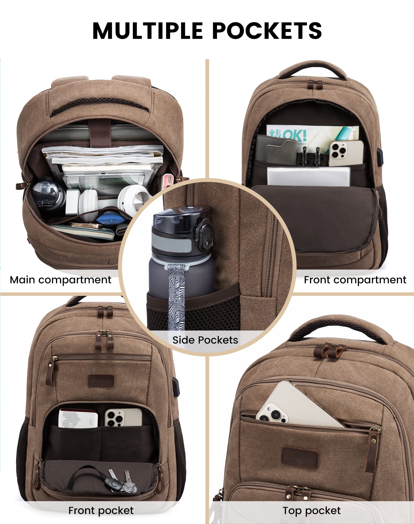 LOVEVOOK Canvas Backpack for Men,15.6 inch Vintage Rucksack for Casual,Large Capacity Travel Backpack,Laptop Backpack with USB Port for School Bookbag Casual Work College (15.6 inch&Brown)